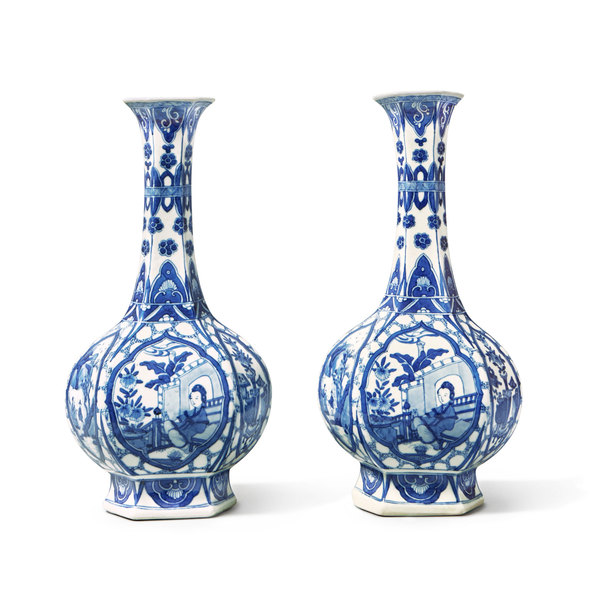 A Pair of Chinese Blue and White 'Ladies' Hexagonal Bottle Vases, Qing Dynasty, Kangxi Period ...