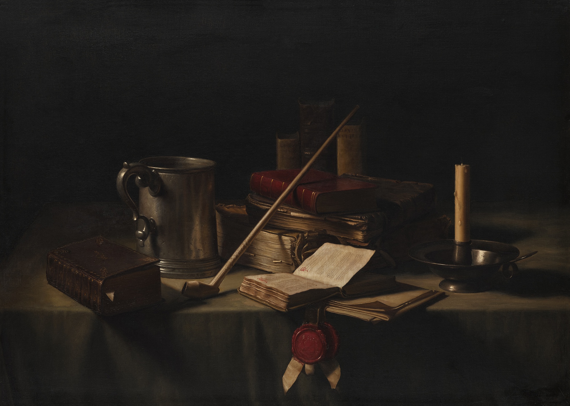 Tabletop Still Life with Books, Pewter Tankard, Candlestand and Pipe ...