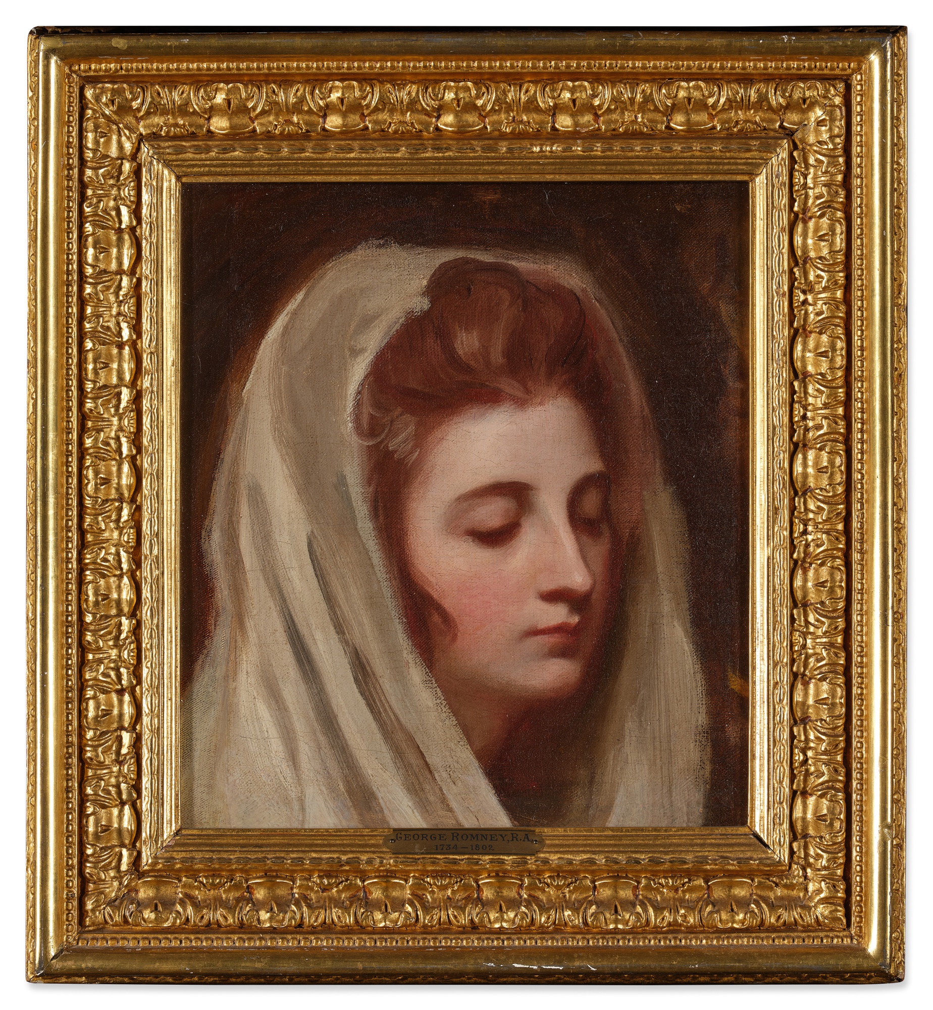 A portrait of Emma Hamilton (1765–1815), bust-length, wearing a white ...