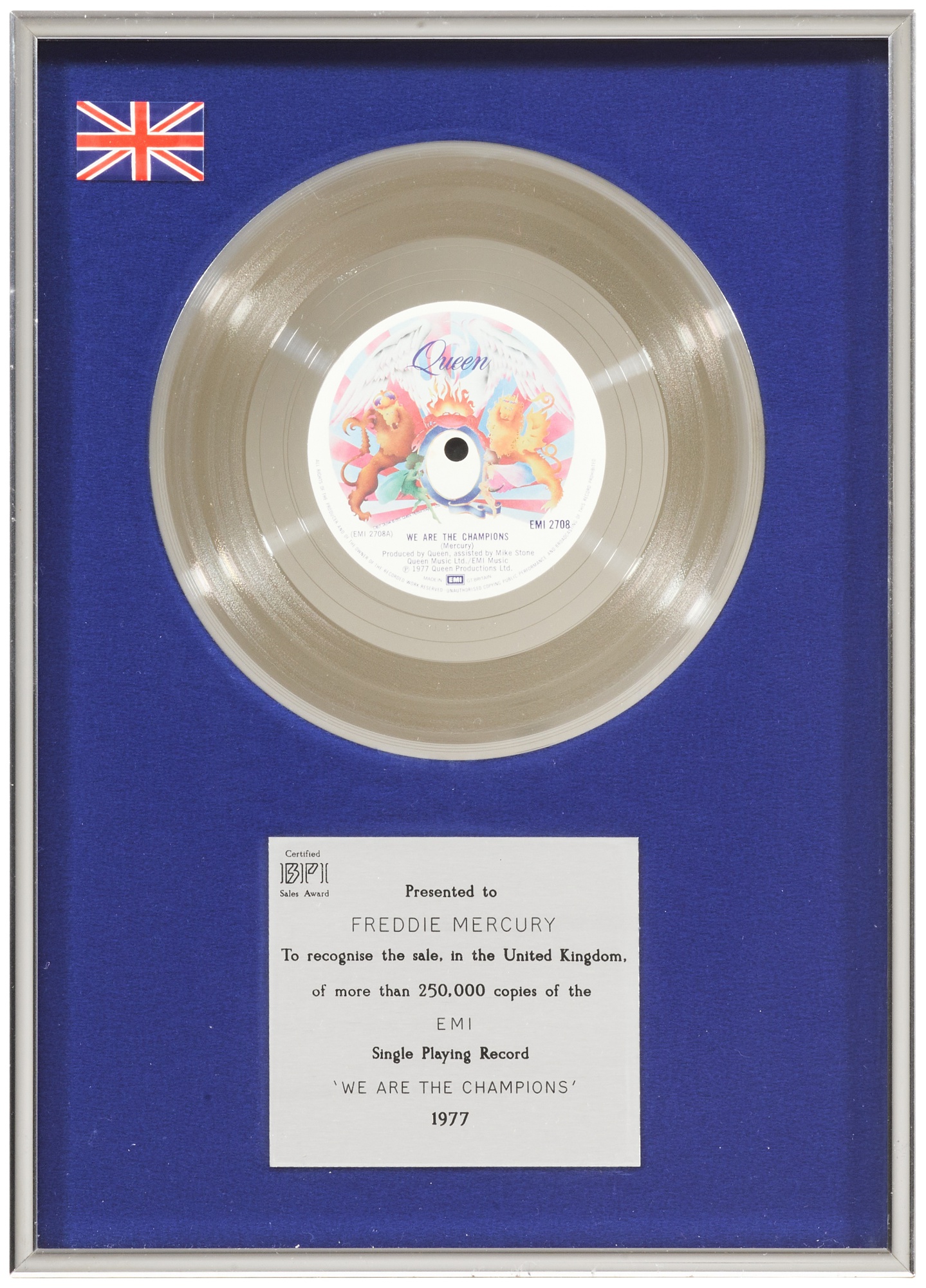 Queen – Freddie Mercury's BPI sales award for 'We Are The Champions ...