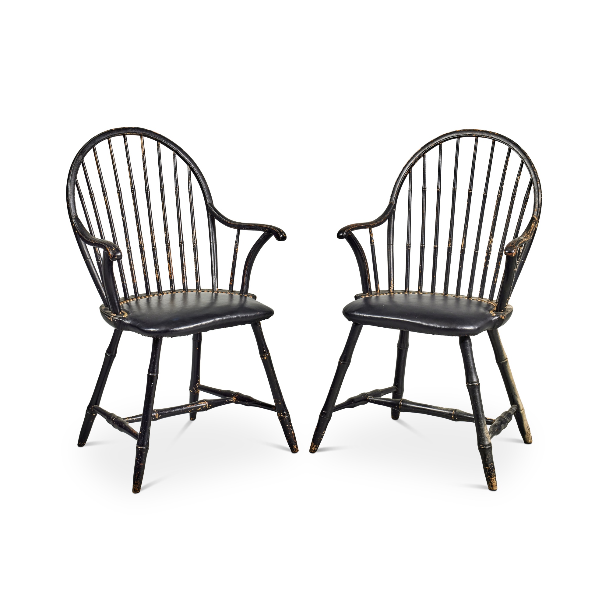 The Chew Family Pair of Black-Painted Bow-Back Upholstered-Seat Windsor ...