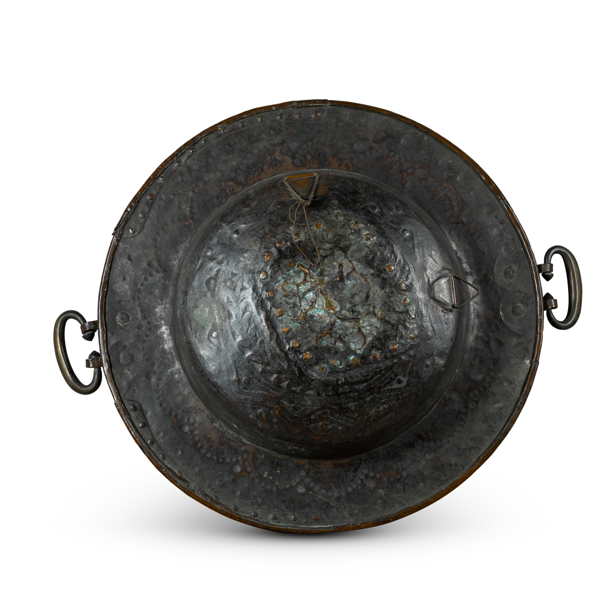 A large hammered brass twin-handled brazier, 17th century, possibly ...