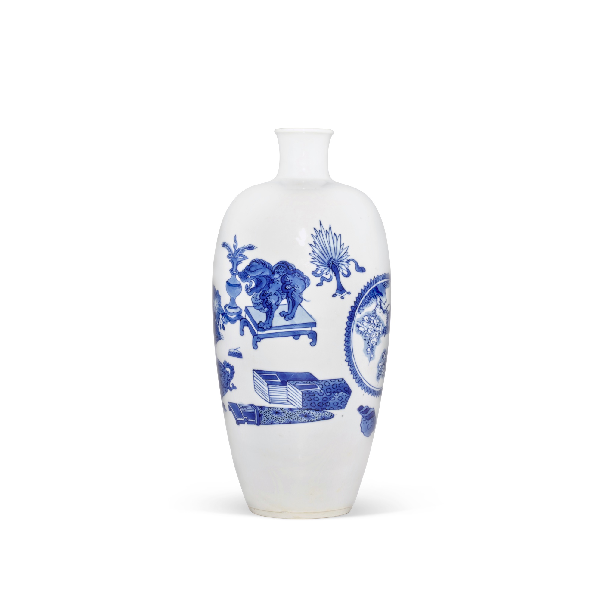 A rare blue and white 'Hundred Antiques' slender ovoid vase, Qing ...