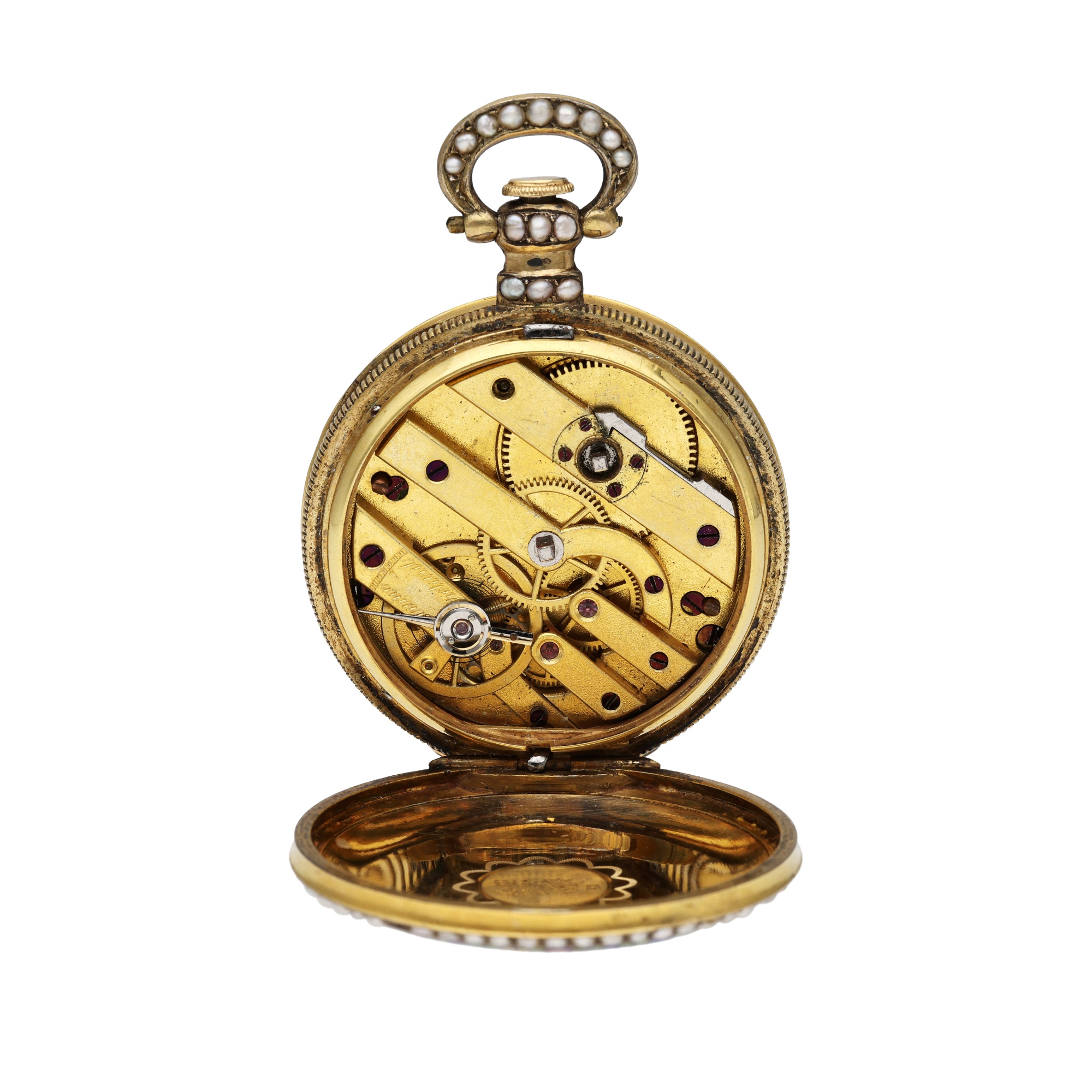 A silver gilt, enamel, and split pearls open-faced watch made for the ...