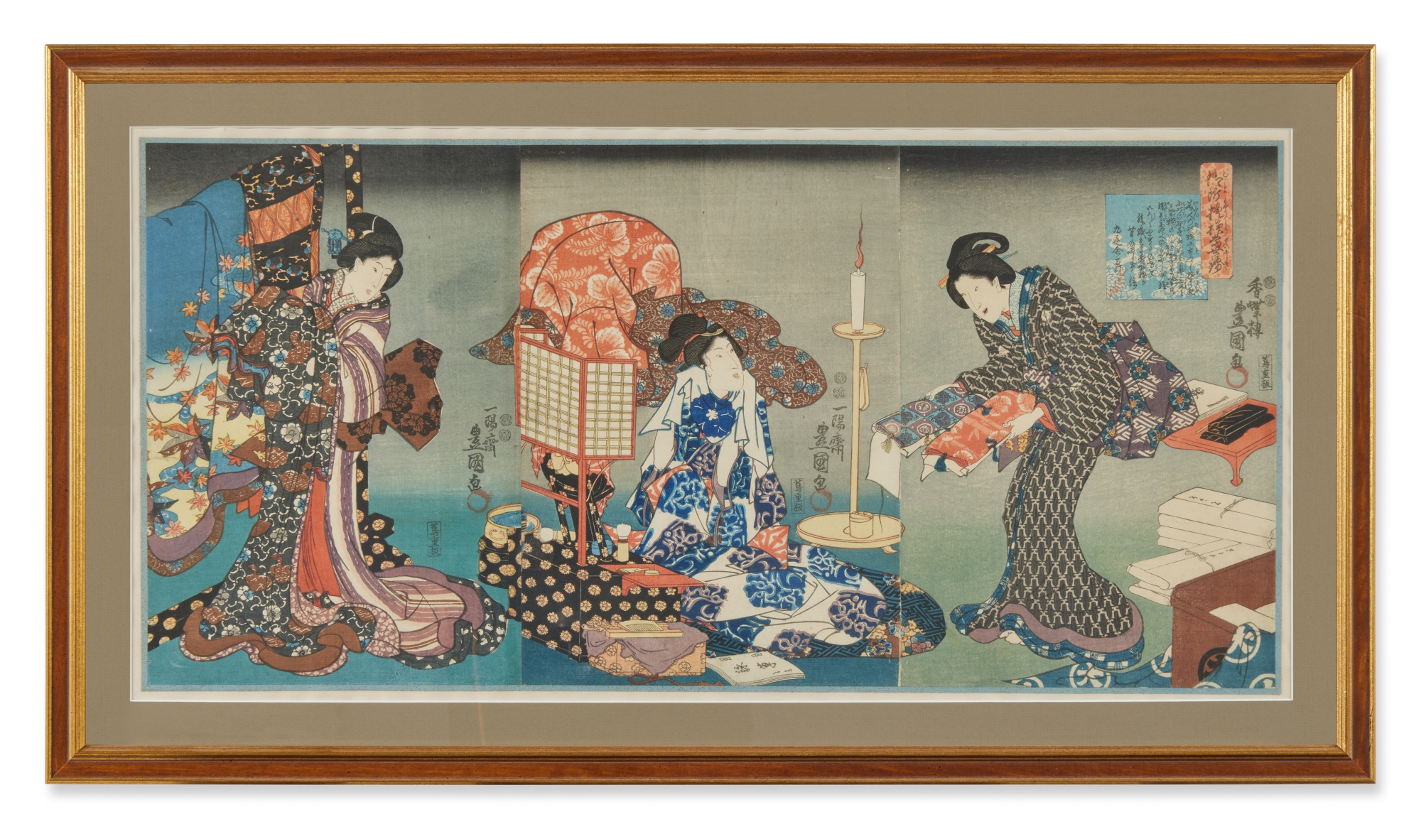 Utagawa Kunisada (1786-1865) Anonymous, Three woodblock print triptychs ...
