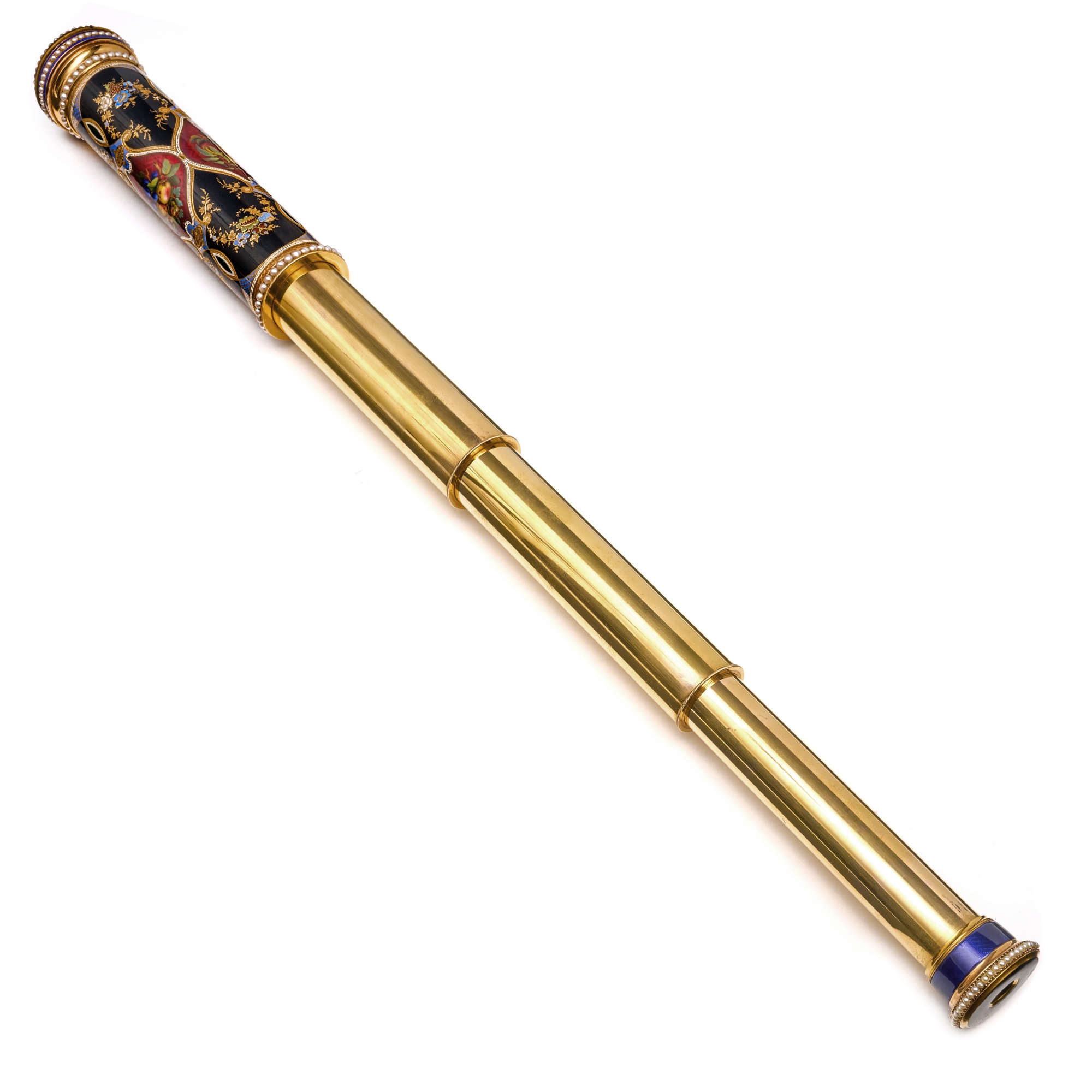 A rare and important pearl-set gold and enamel extending telescope ...