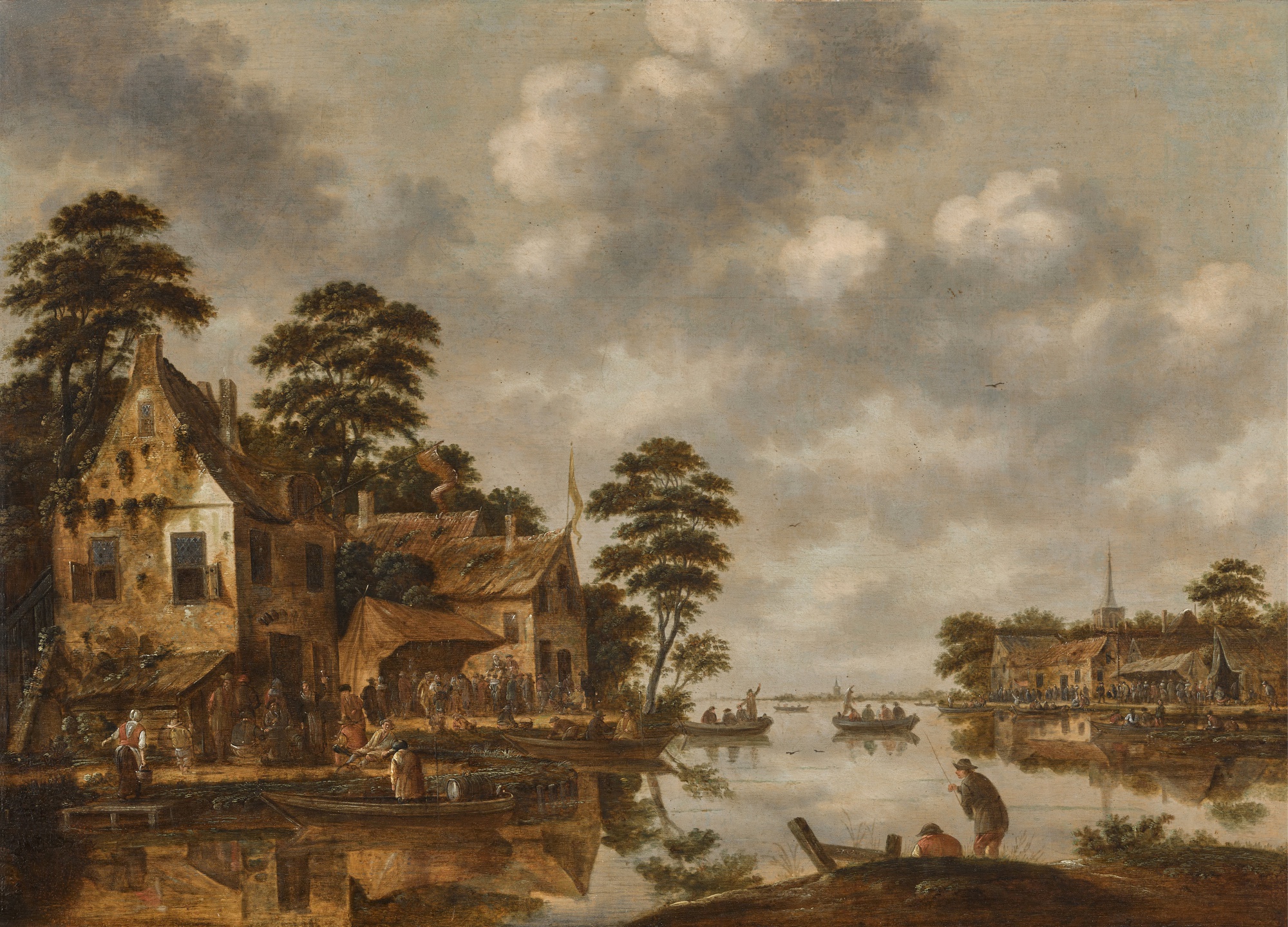 Village River Landscape With Boats And Figures Old Master 19th