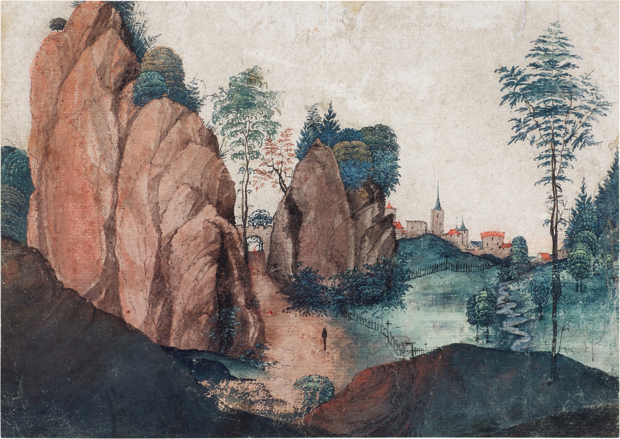 Road through a rugged landscape, a town behind | Master Works on Paper ...