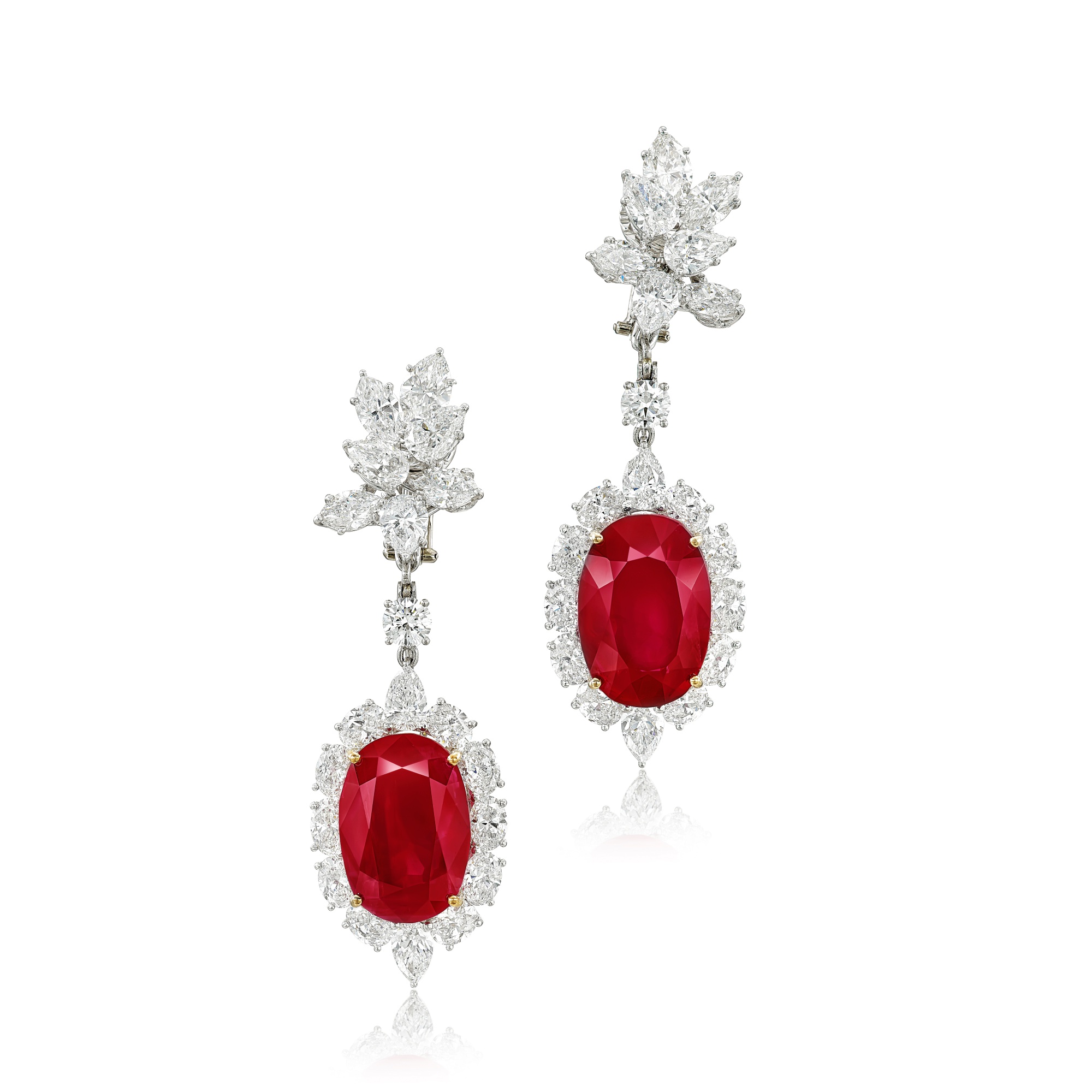 An Impressive Pair of Ruby and Diamond Pendent Earrings, Tops by Harry ...