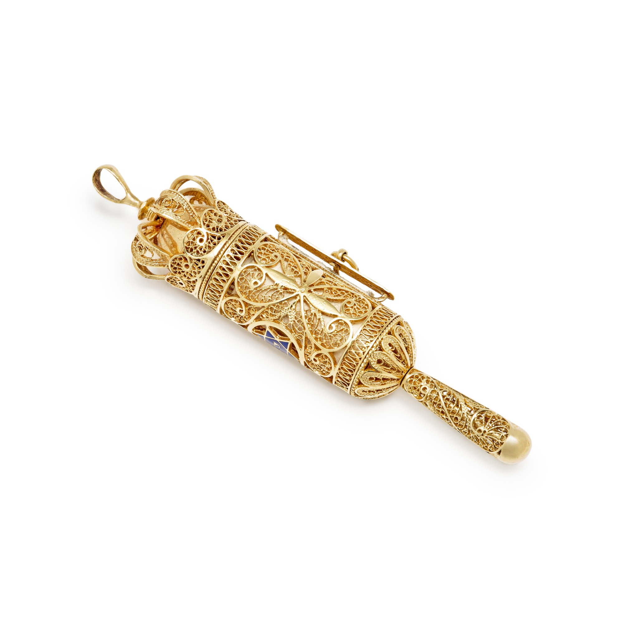 A Miniature Gold Filigree and Enamel Esther Scroll, late 20th century ...