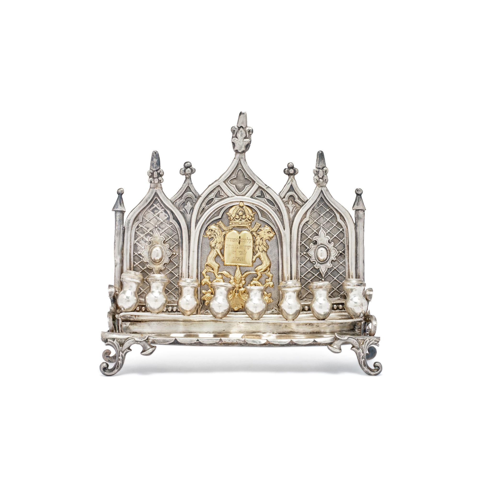An Austrian Parcel-Gilt Silver "Gothic" Hanukkah Lamp, Vincenz Lang ...
