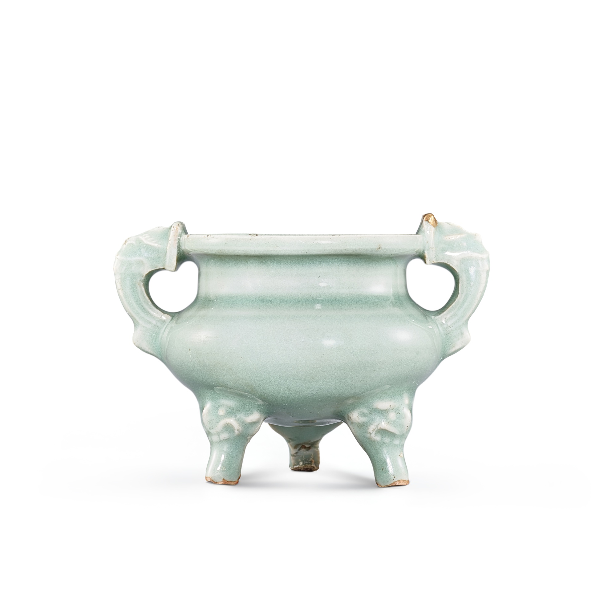 A very rare Longquan celadon 'dragon'-handled tripod incense burner ...