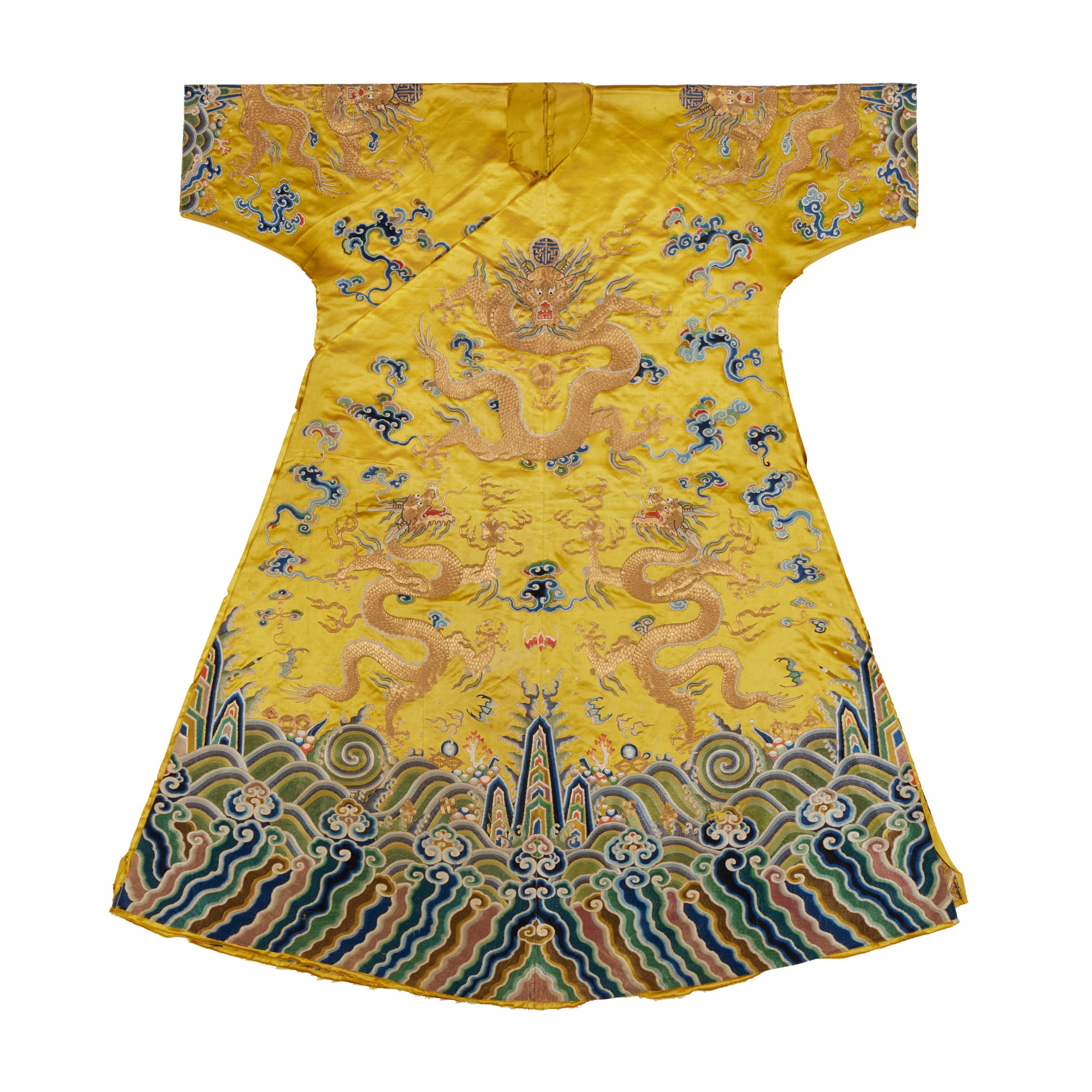 An imperial yellow-ground satin embroidered 'dragon' robe, Qing dynasty ...