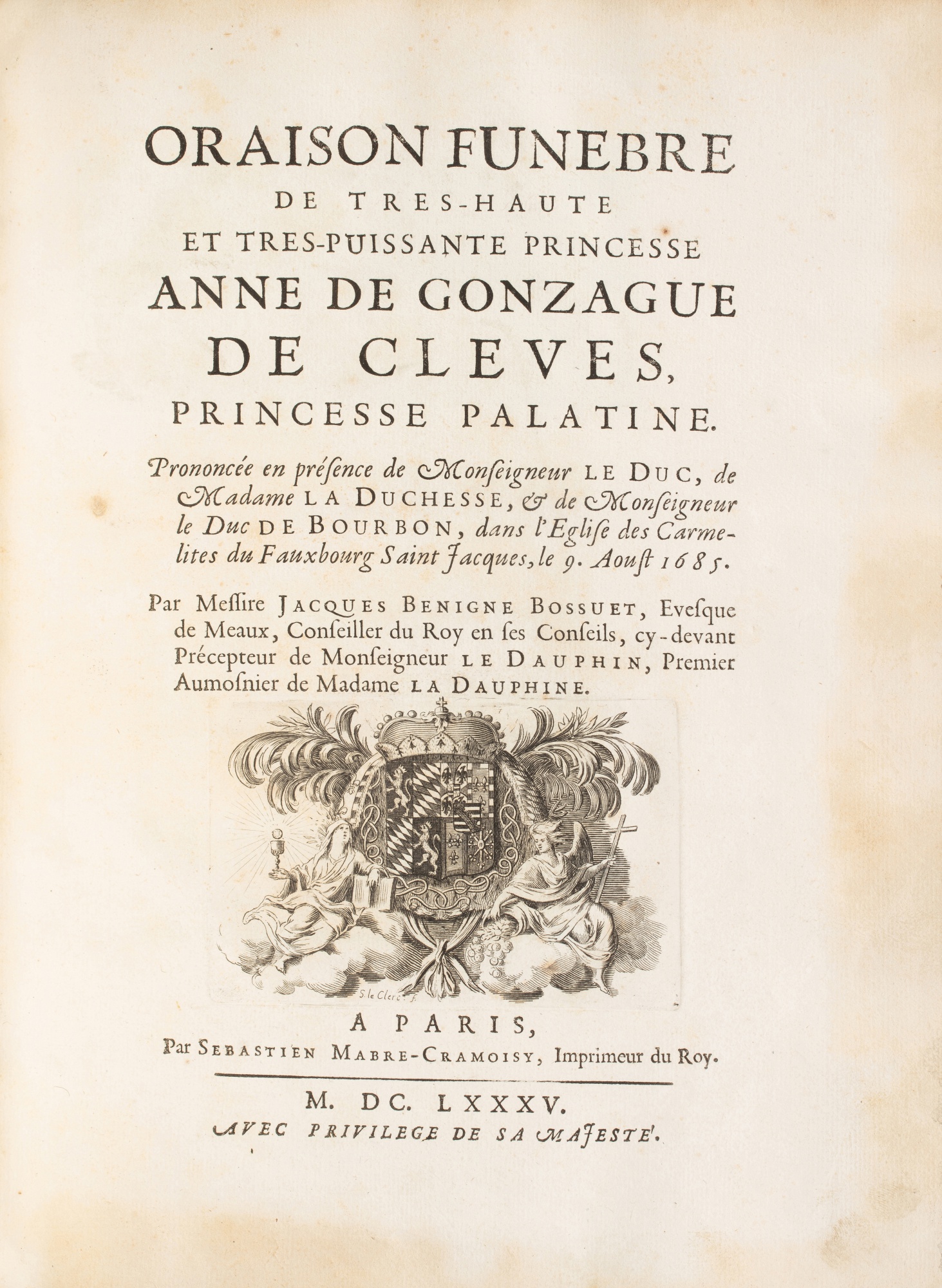Oraison funèbre... Paris, 1685. In-4. Reliure de deuil. Ex. de présent ...