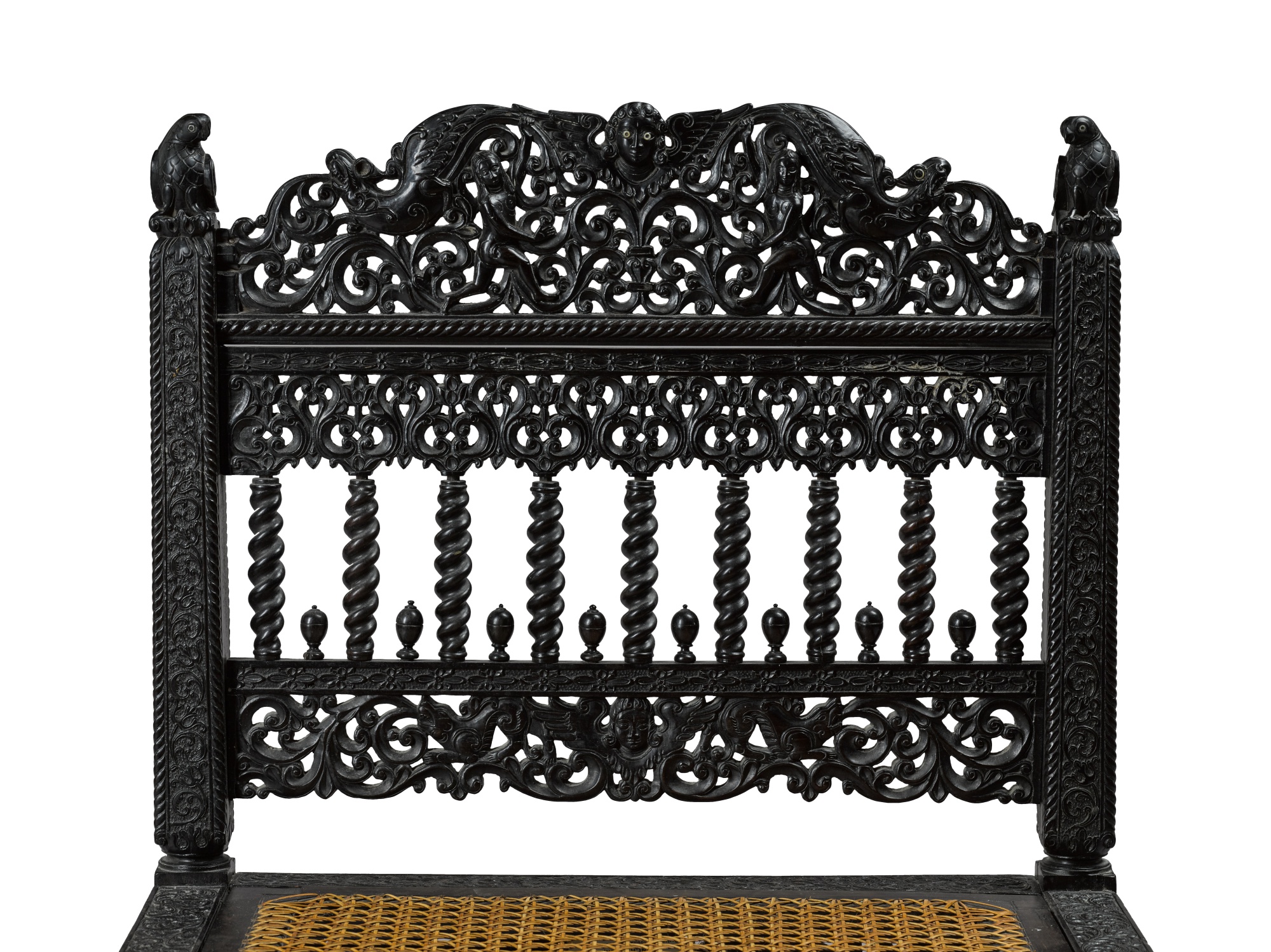 An Indo-Dutch ivory-inlaid carved ebony side chair, probably Coromandel ...