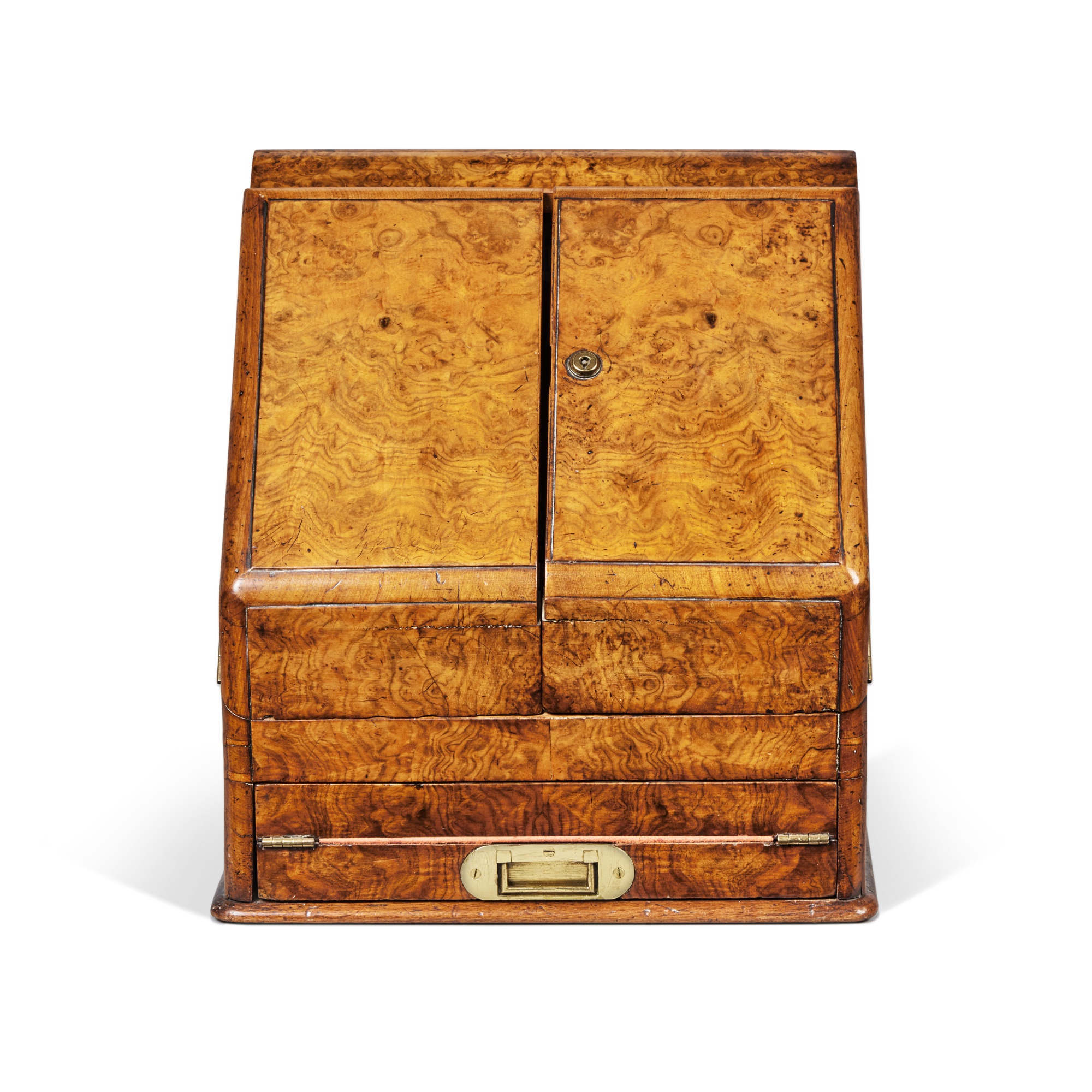 A Late Victorian Brass Mounted Burr Walnut and Yew Stationery Casket ...