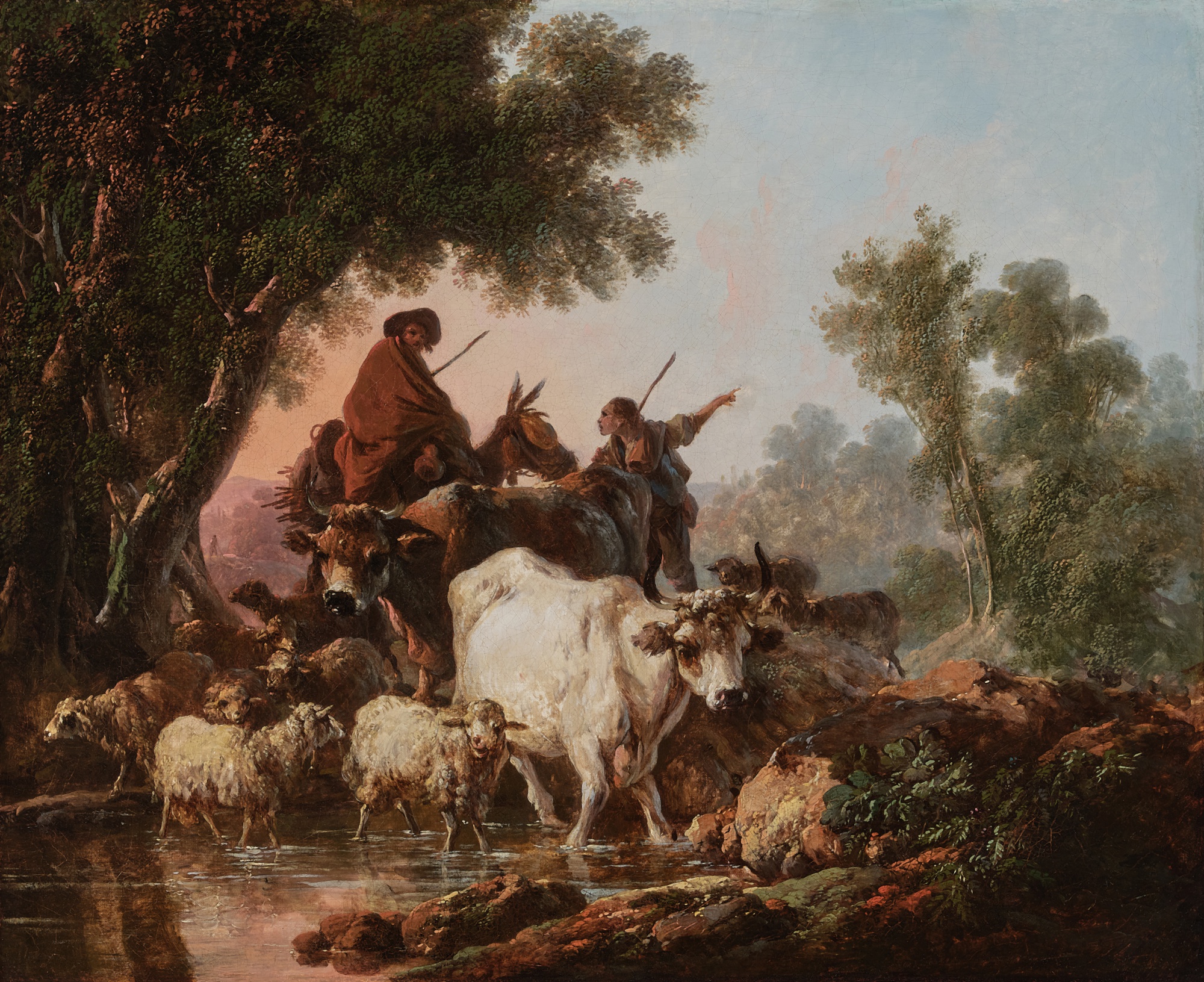 Shepherds in a stormy landscape with sheep and cattle; Shepherds ...