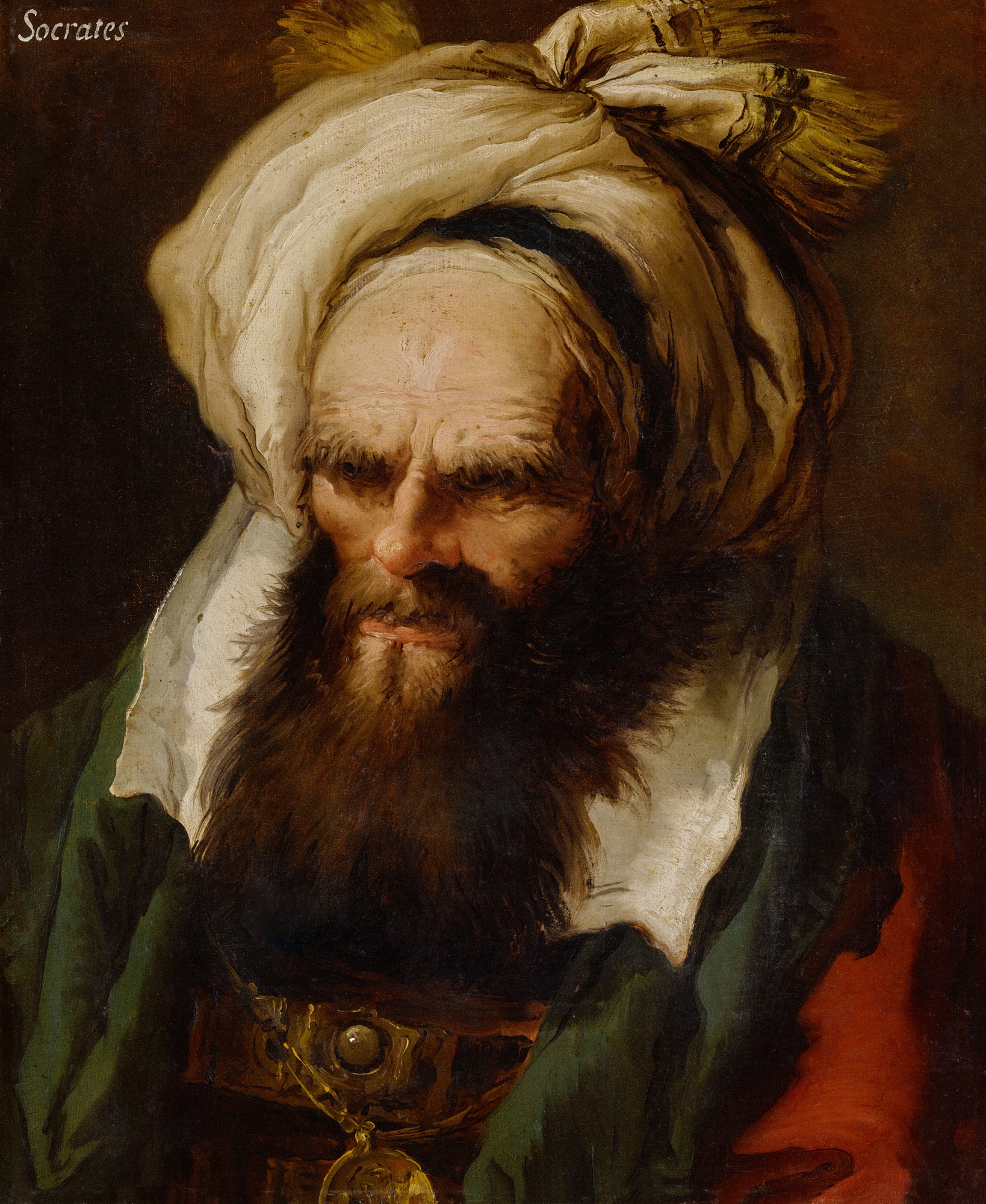 Head of a man in a green and red robe with a gold clasp and necklace ...