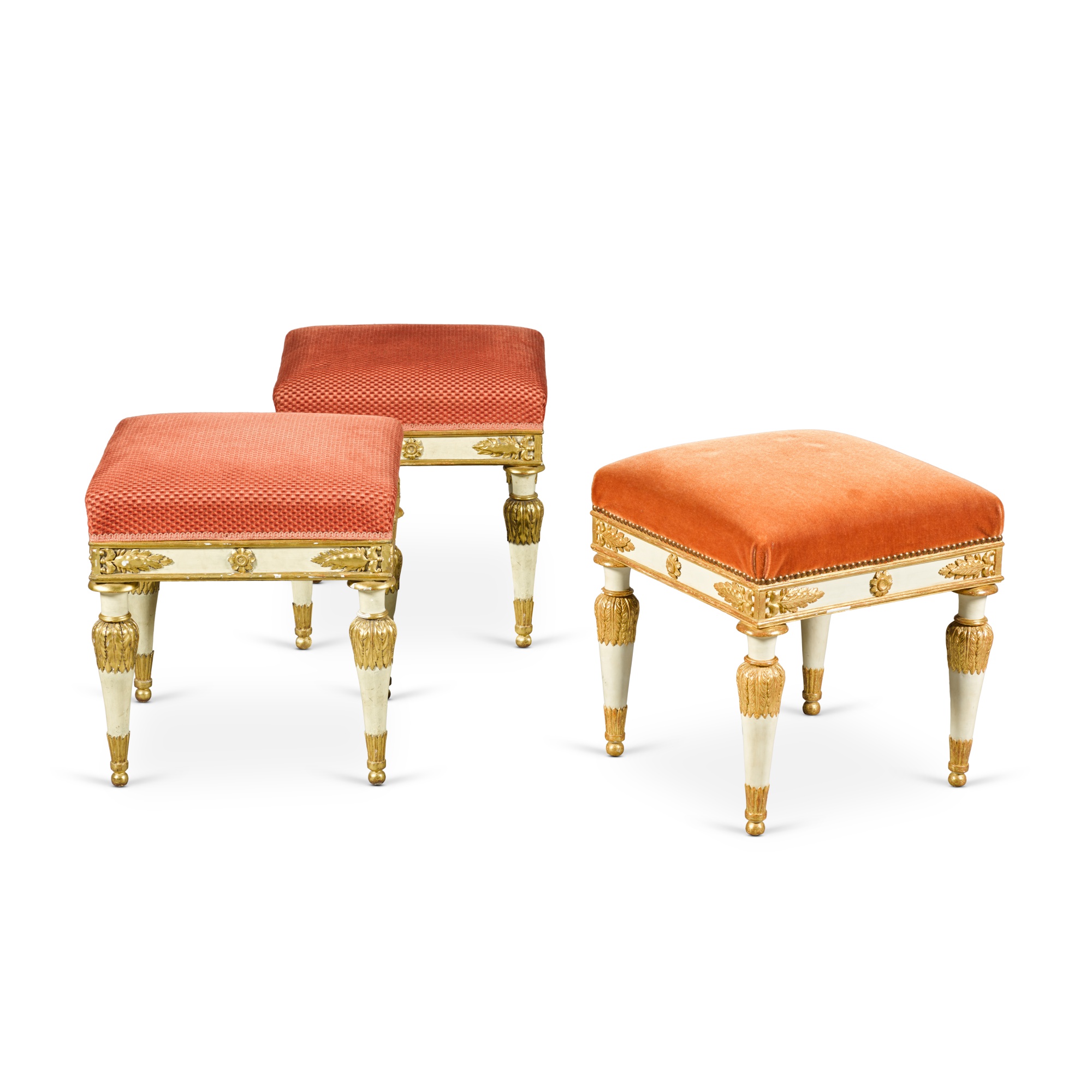 A group of three painted and giltwood stools, one Italian late 18th ...