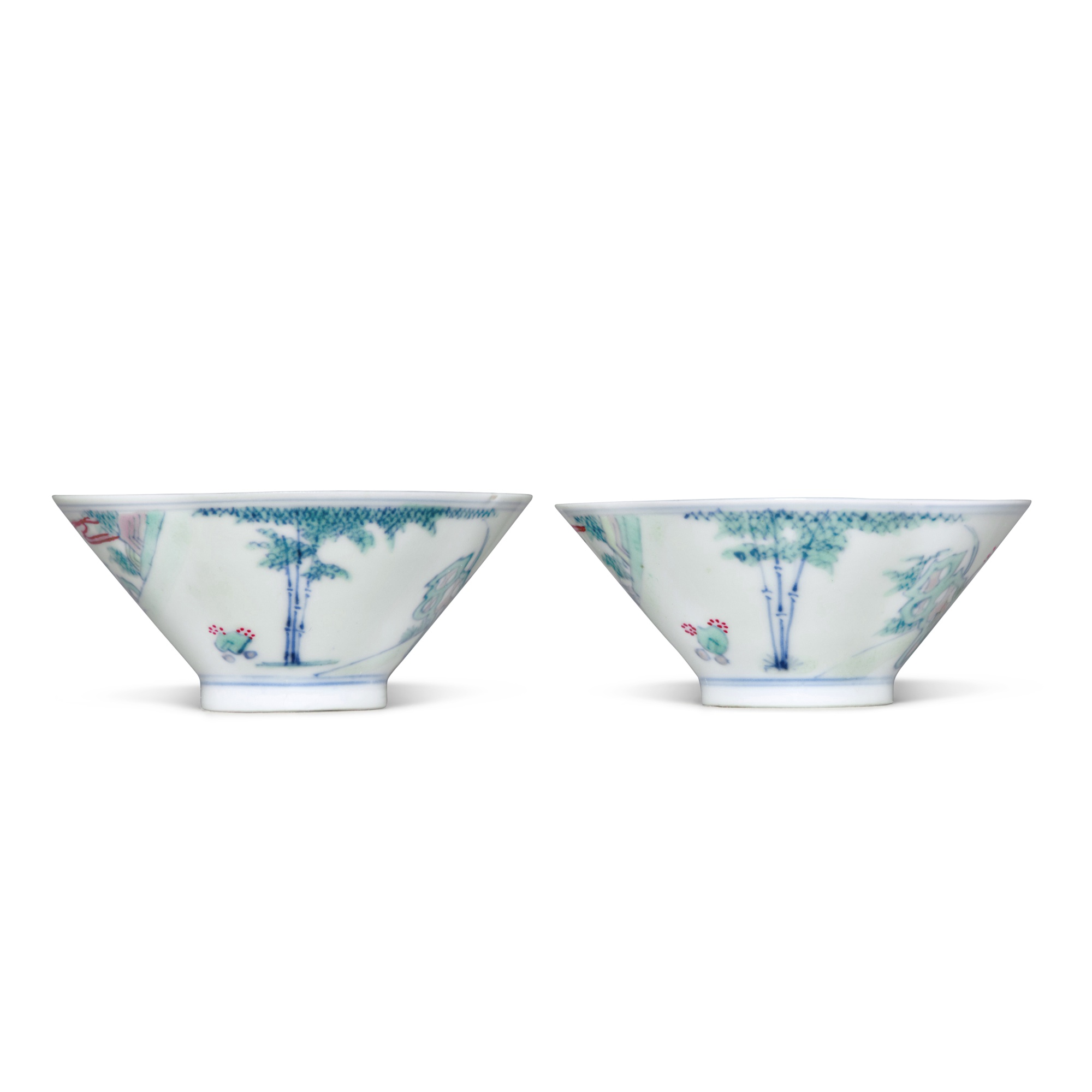 A pair of rare anhua-decorated doucai conical bowls, Qing dynasty ...