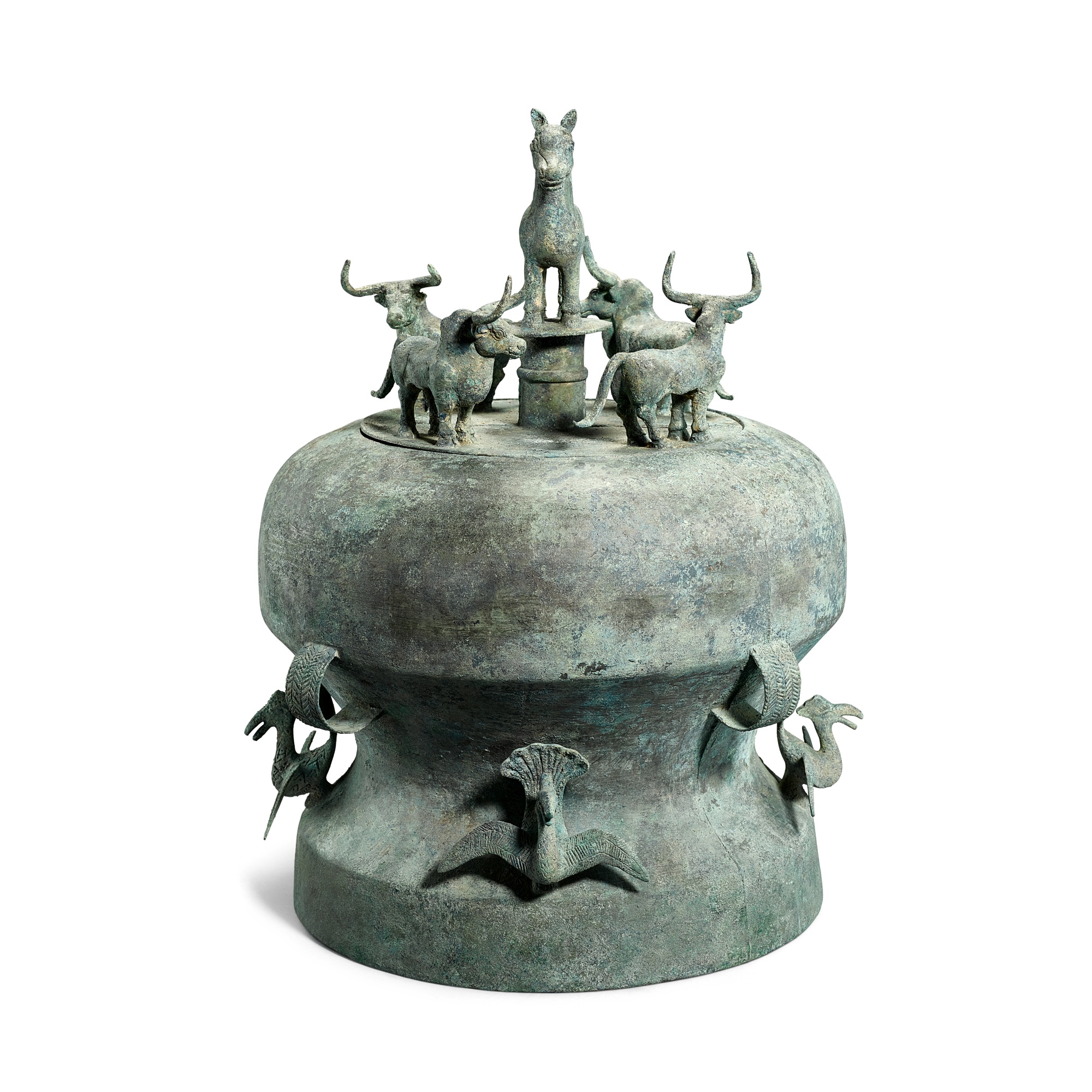 A bronze 'buffalo and horse' cowrie container and cover, Western Han ...