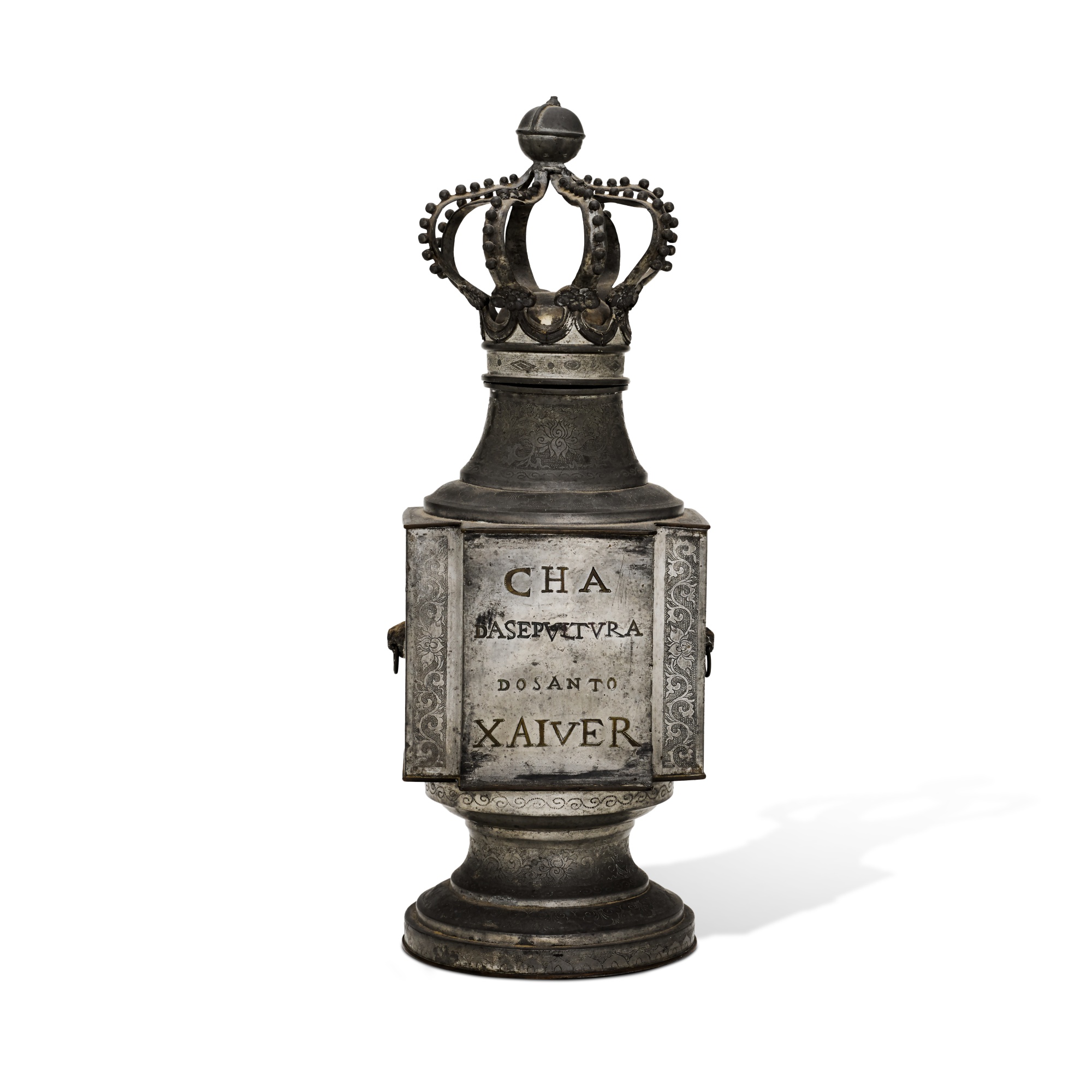A Chinese engraved pewter box to contain the soil of St Francis Xavier ...