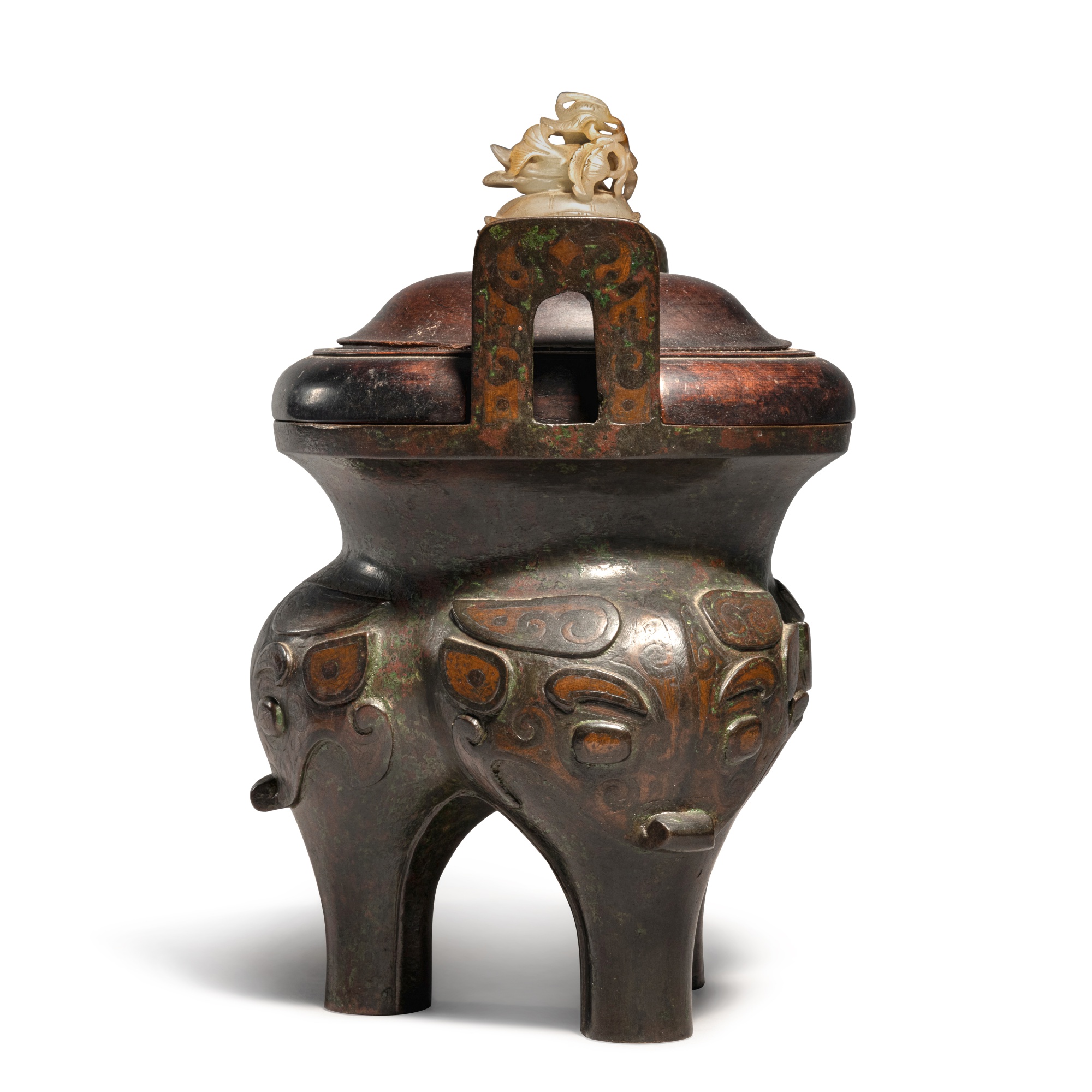 An archaistic copper-inlaid bronze tripod censer (Ding), Ming dynasty ...