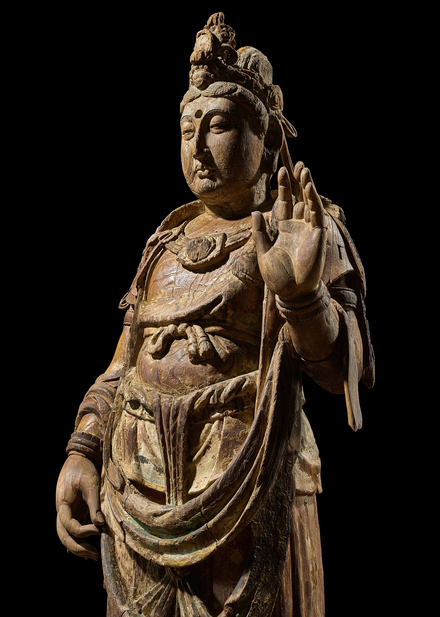 A magnificent and extremely rare large painted wood standing figure of ...