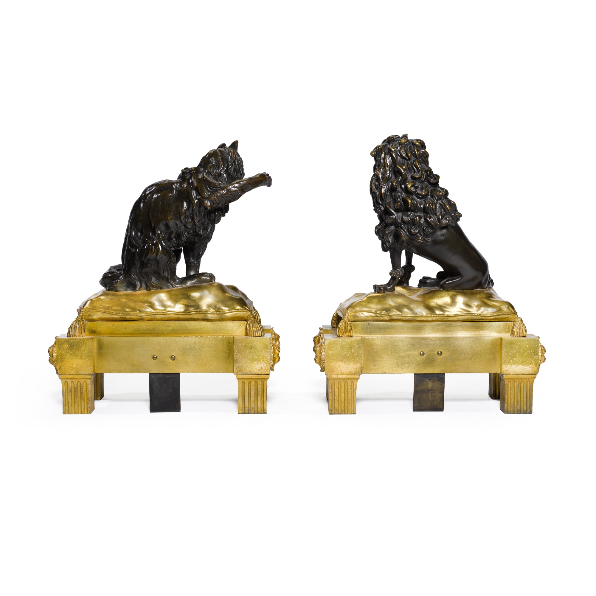 A pair of Louis XVI gilt and patinated bronze chenets, late 18th ...