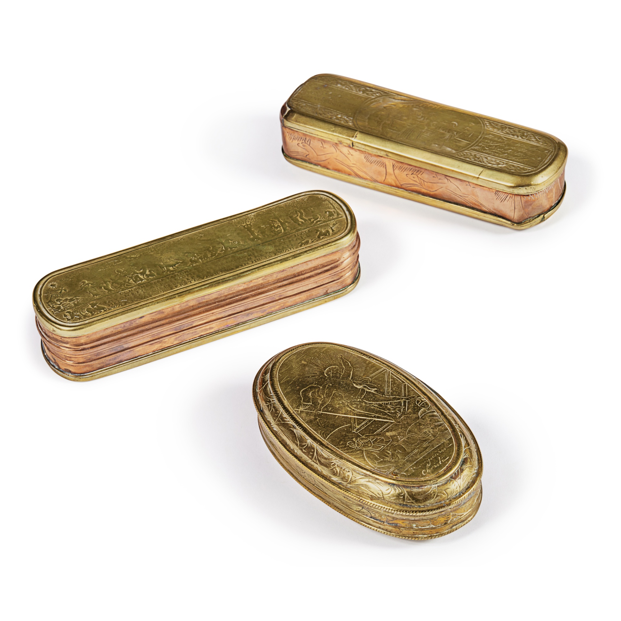 Two Dutch Rectangular Brass and Copper Tobacco Boxes together with A ...