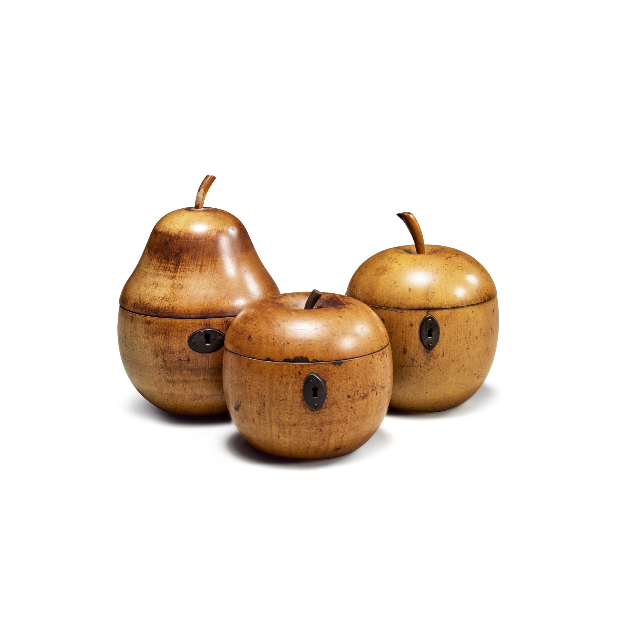 Three George III Apple and Pear Form Fruitwood Tea Caddies, Late 18th ...
