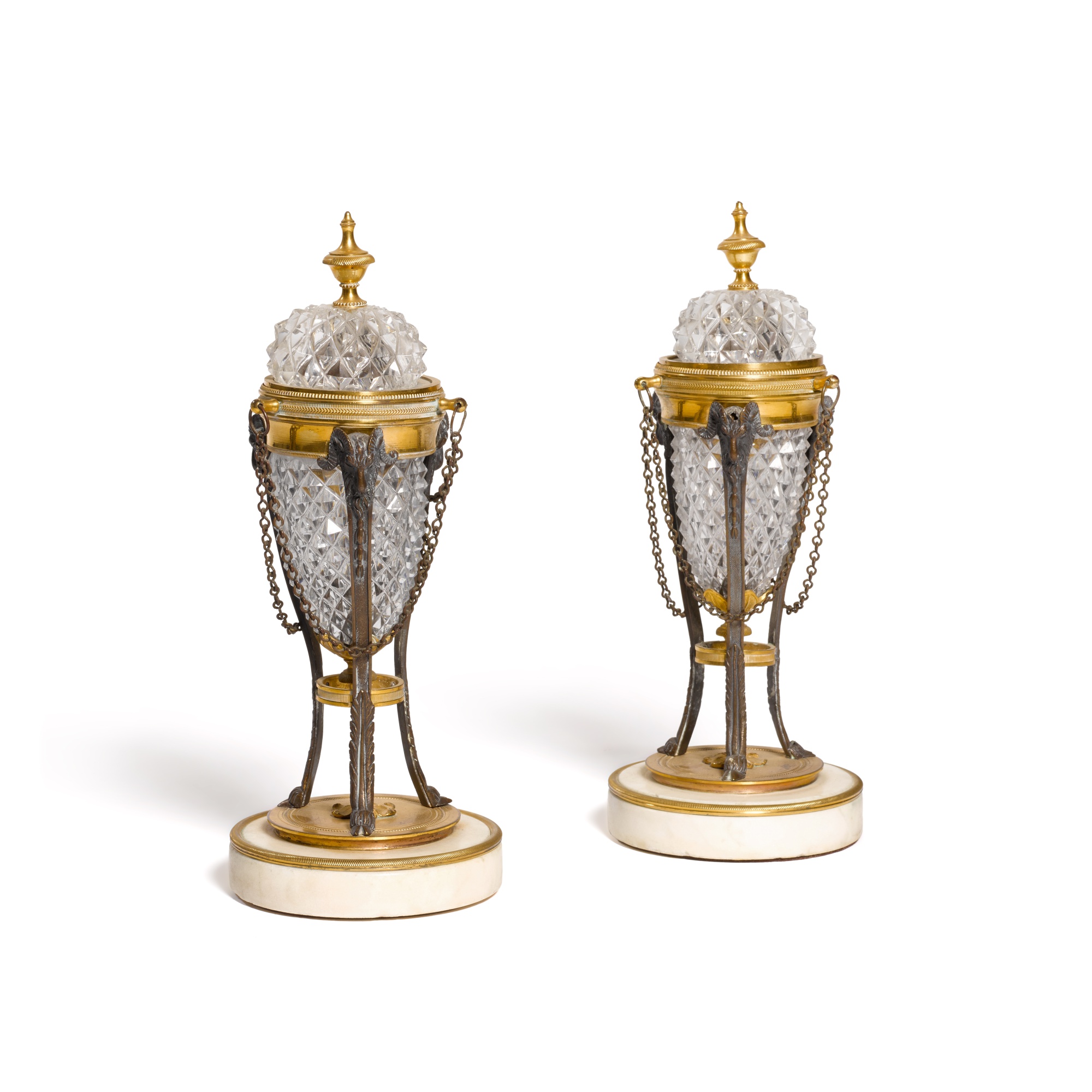 A pair of George III cut glass and bronze cassolettes, early 19th ...