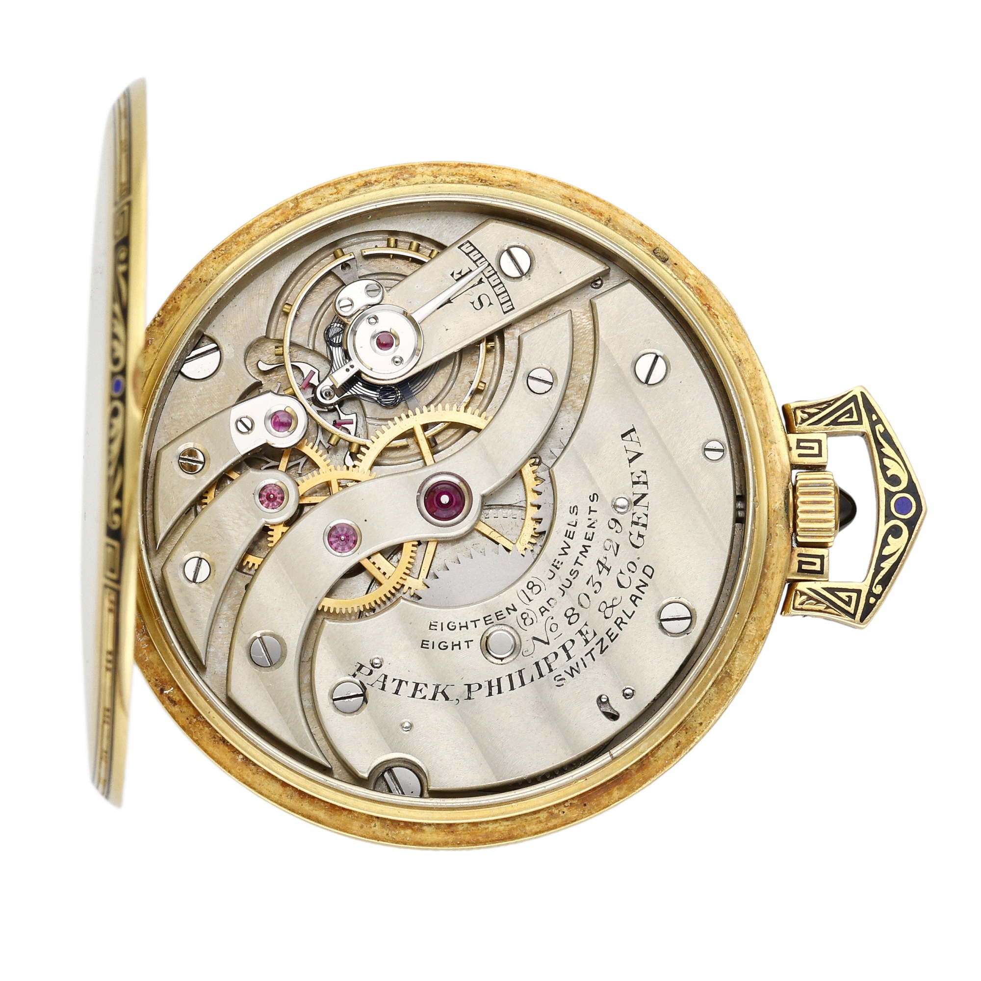 Retailed by E Gubelin: A yellow gold and enamel open faced watch, Circa ...