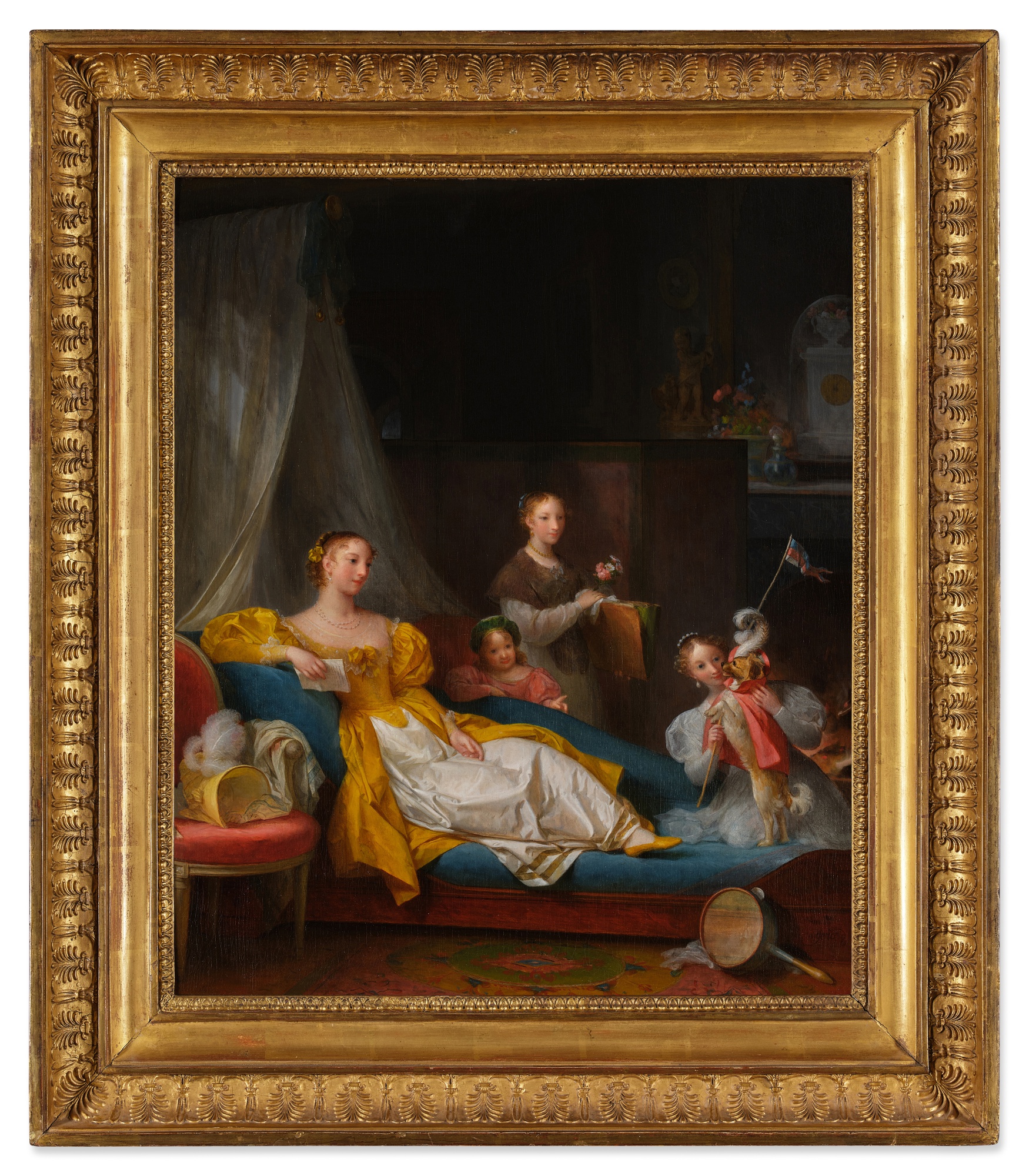 A woman on a chaise longue in an interior, holding a letter and ...