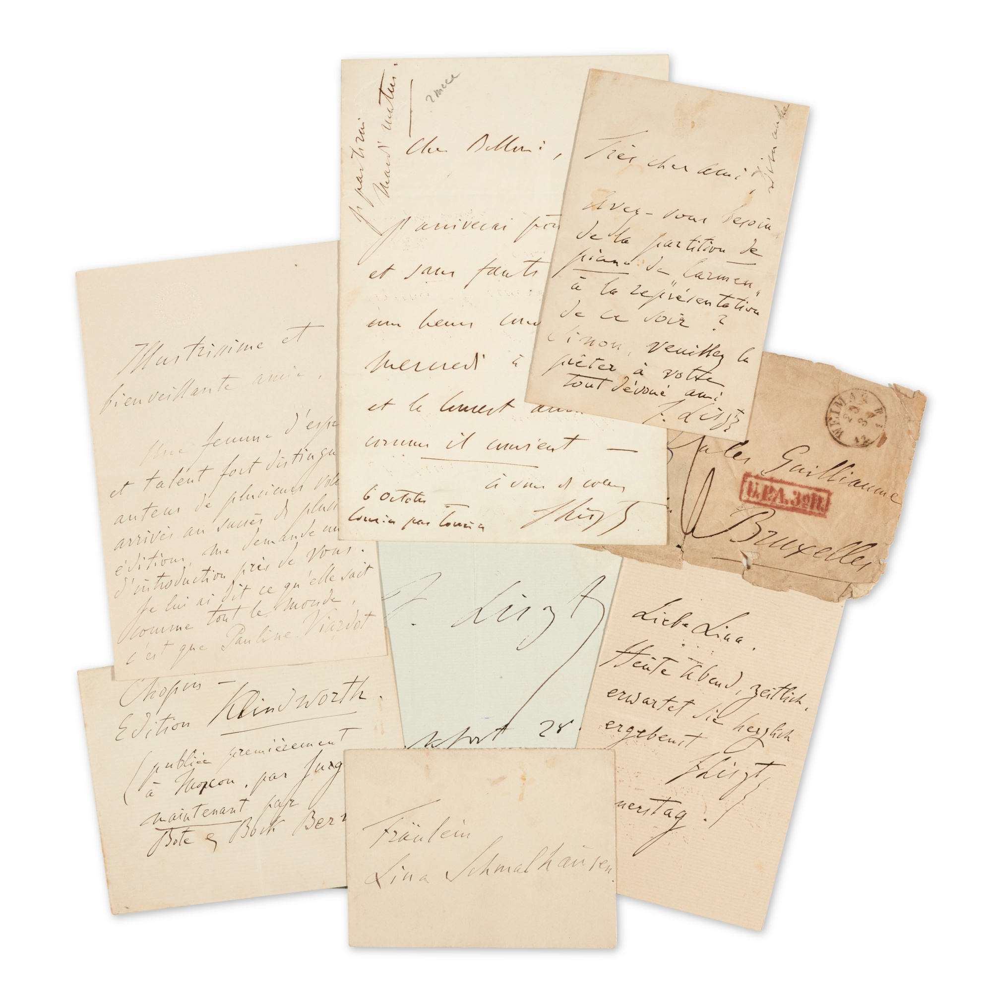 F. Liszt. Four autograph letters, including one to P. Viardot and one ...