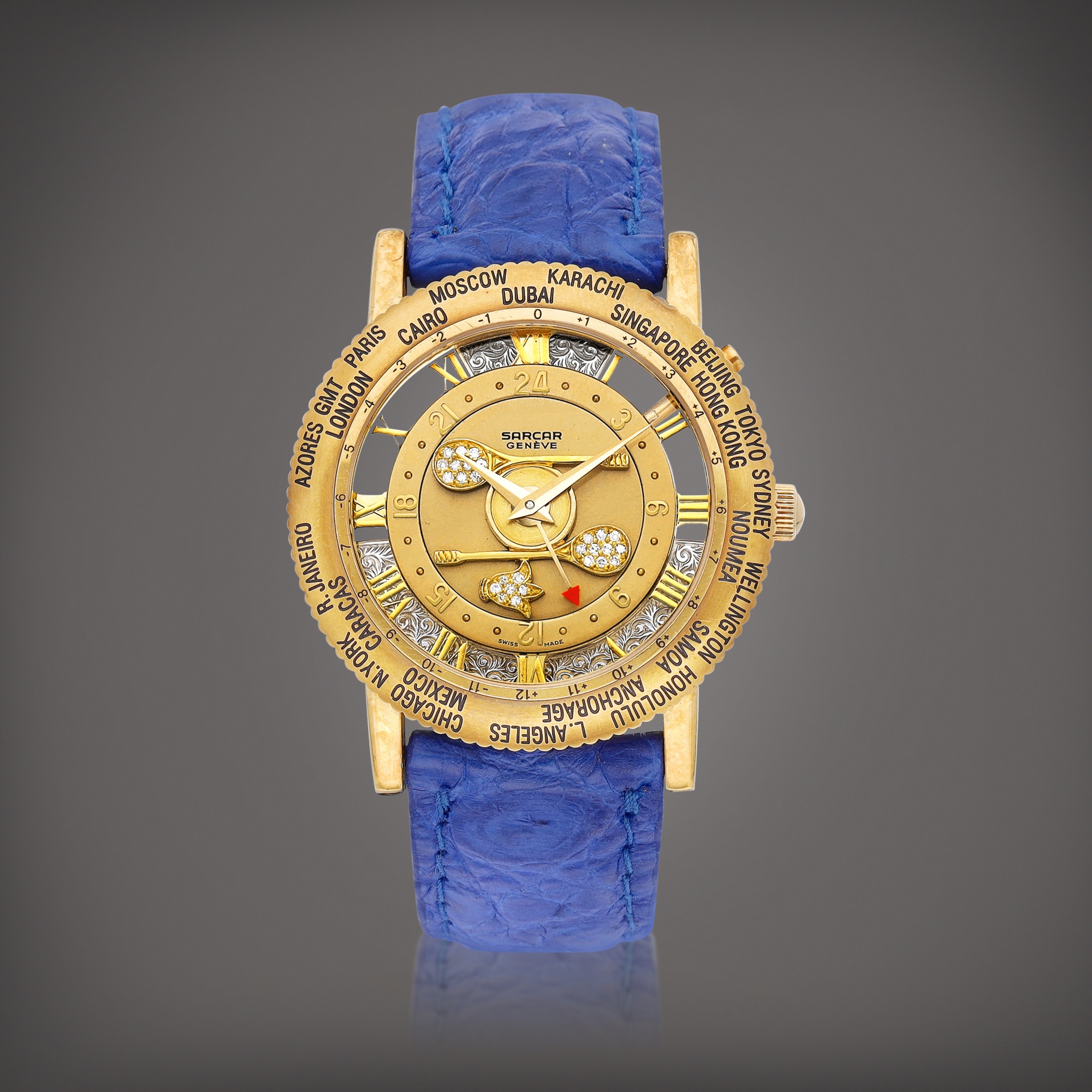 A yellow gold and diamond-set world time wristwatch with rotating ...