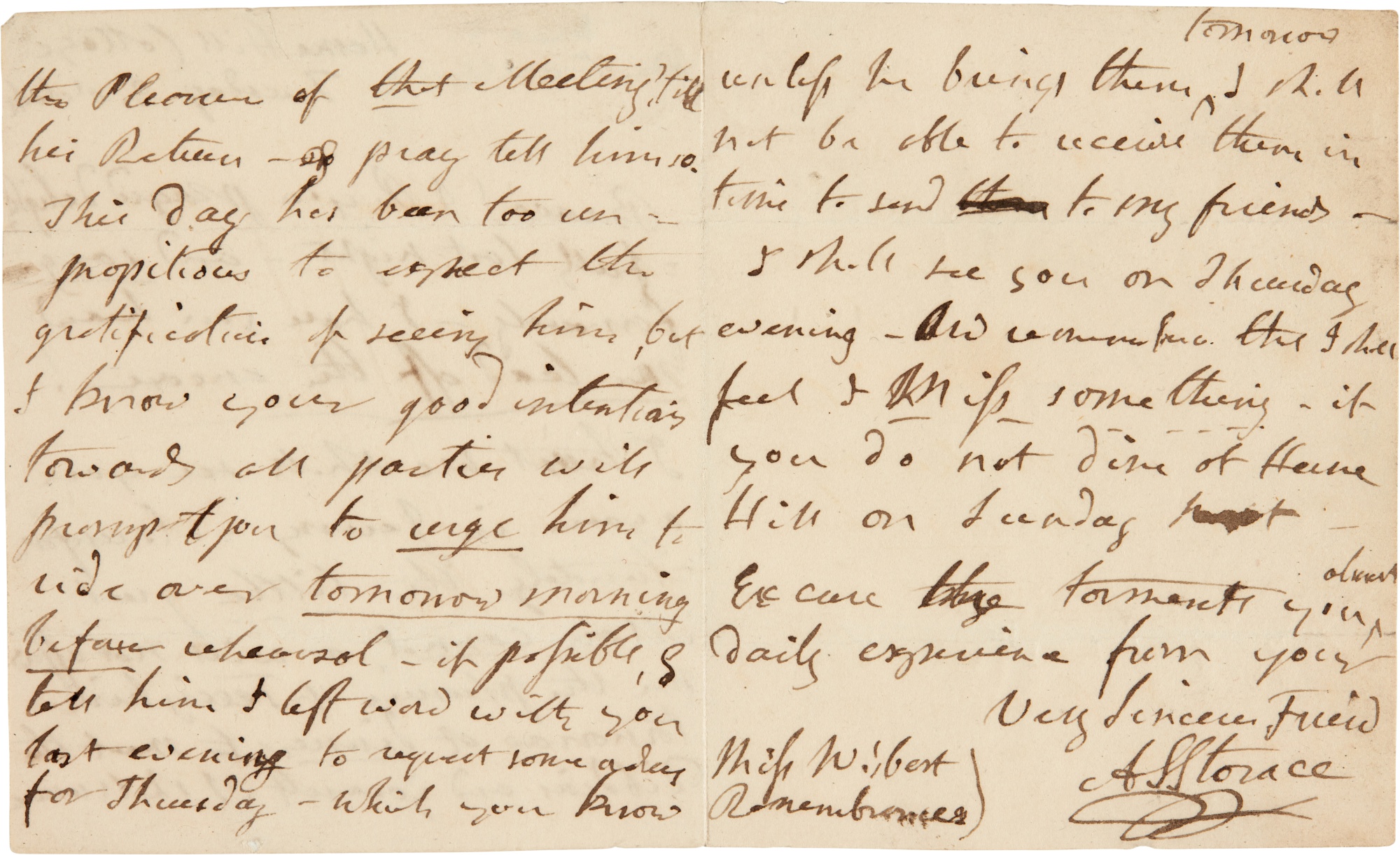 [W.A. Mozart] A. (Nancy) Storace. Autograph letter signed, after 1808 ...