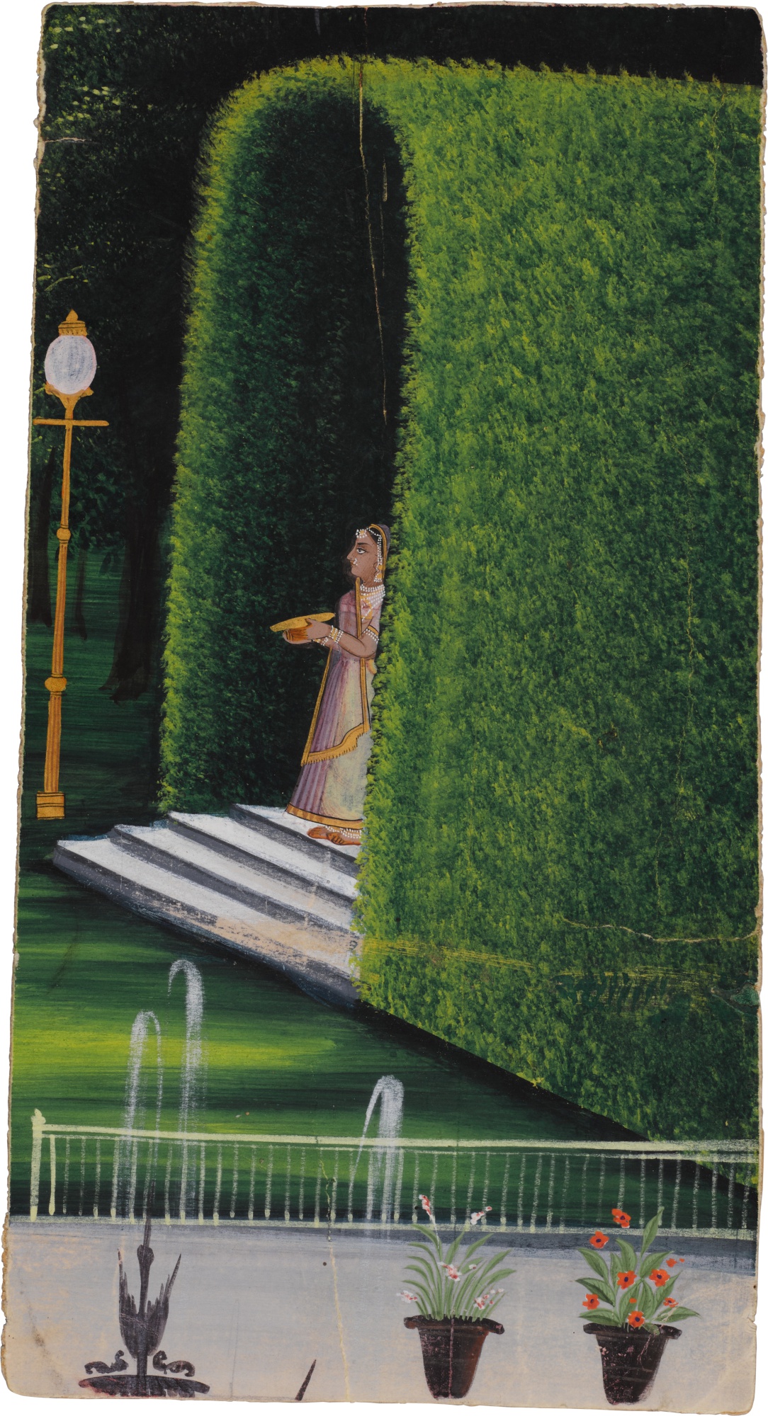 An illustration of a girl standing in a green arbour, India, circa 1900 ...