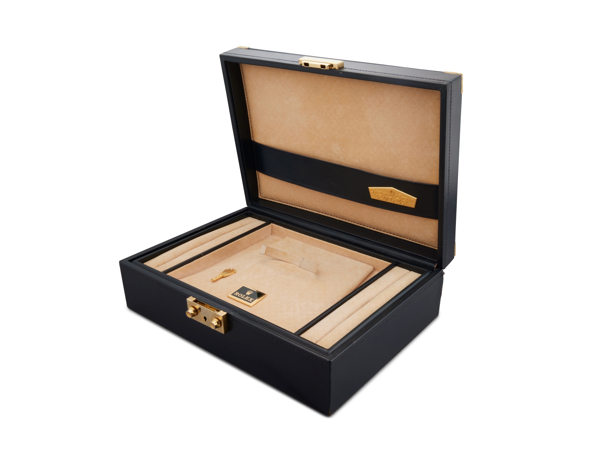 A leather presentation watch box with jewelry storage, Circa 1985 ...