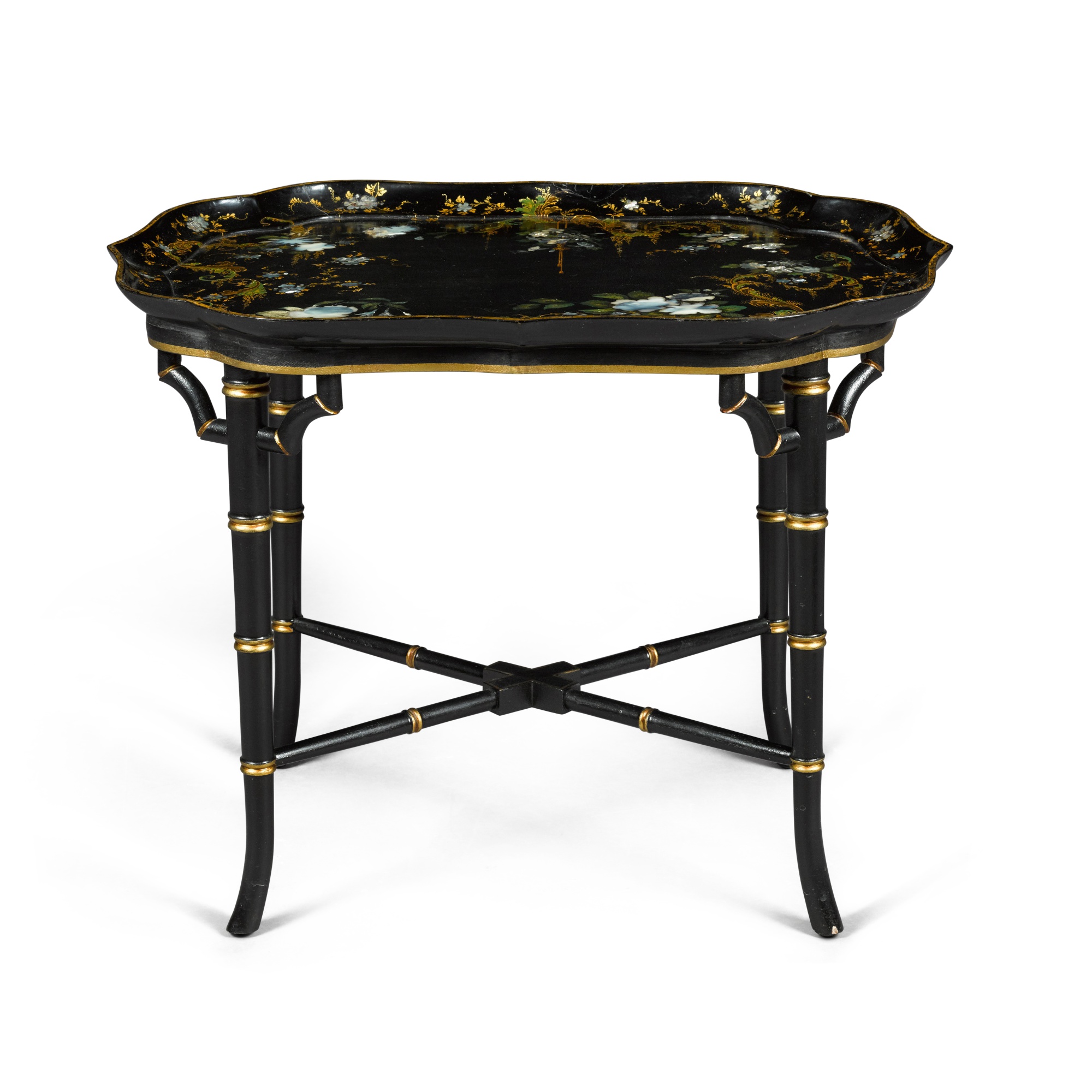 A Victorian papier-mâché tray on later stand, second half 19th century ...