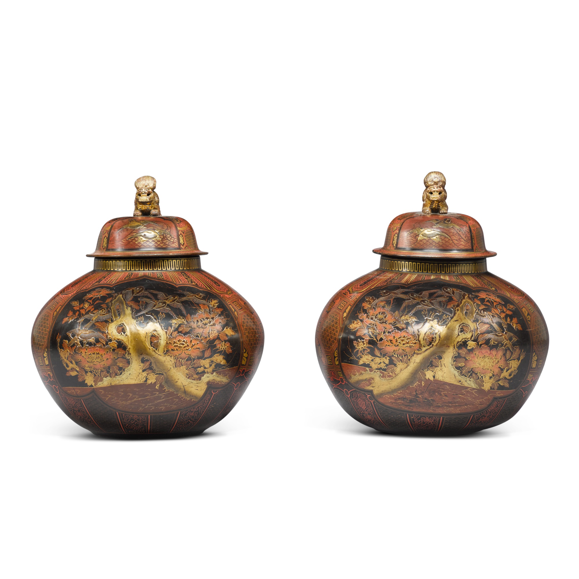 A pair of Japanese lacquered compressed ovoid jars and covers, Edo ...
