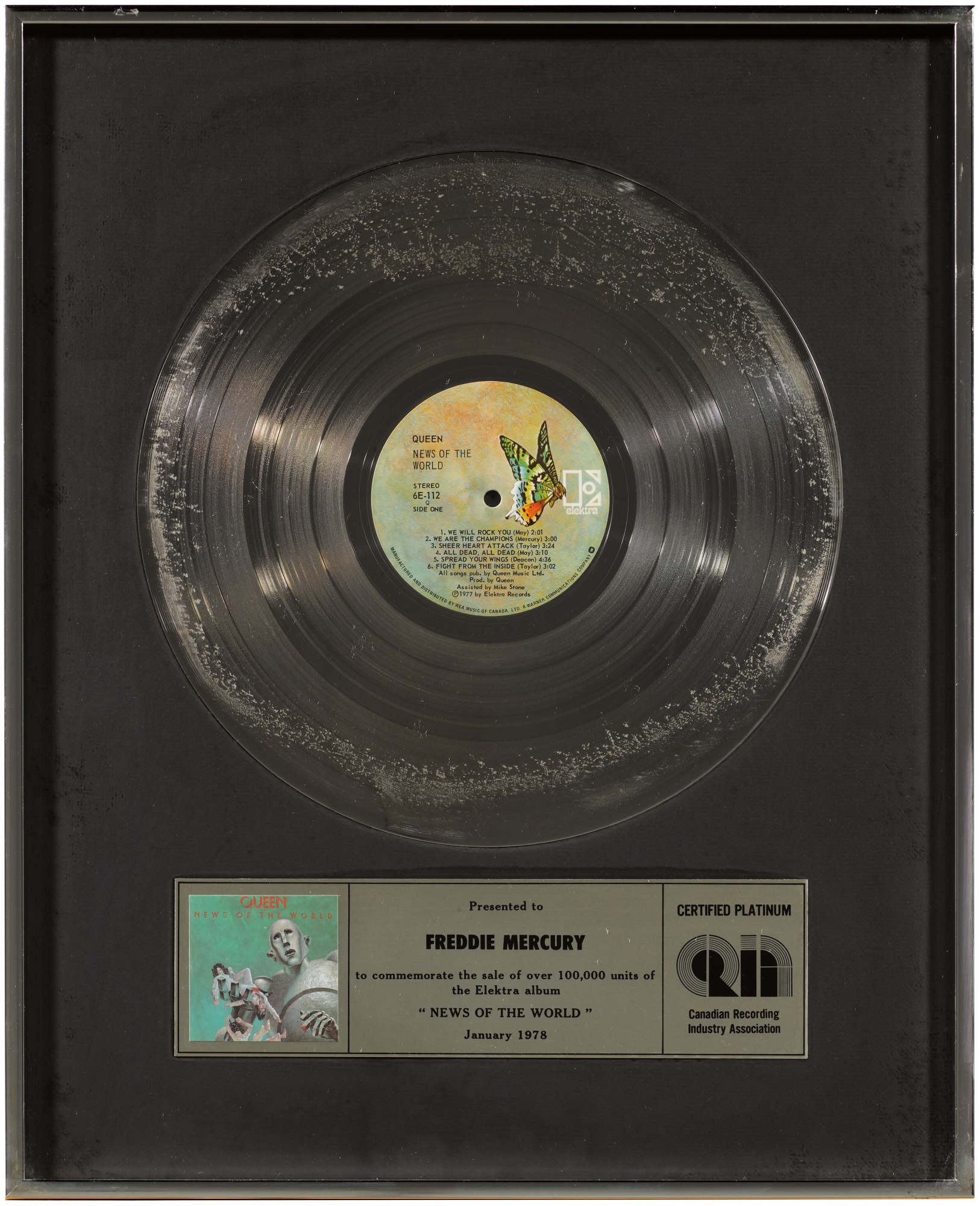 Queen – Freddie Mercury's CRIA sales award for News Of The World ...
