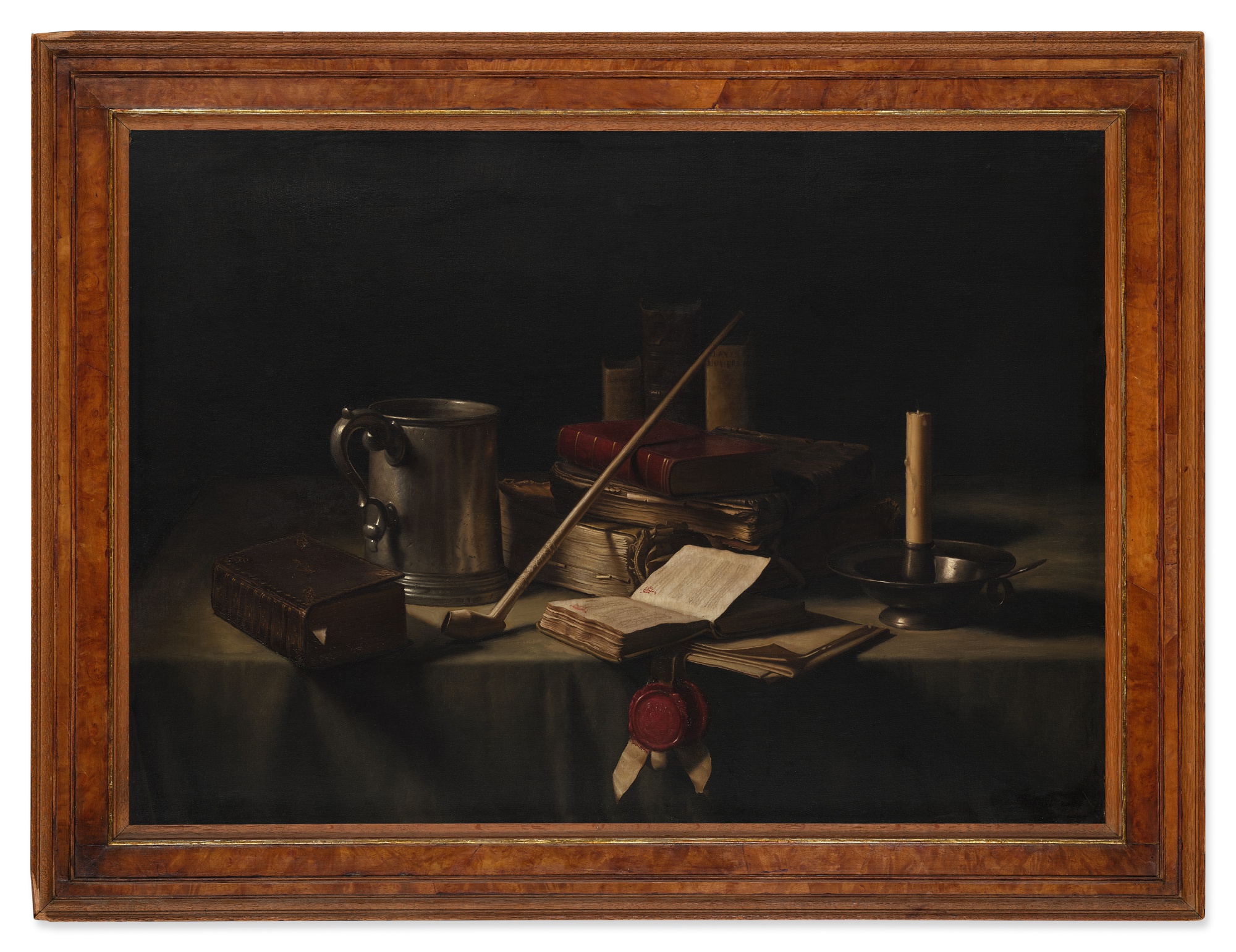 Tabletop Still Life with Books, Pewter Tankard, Candlestand and Pipe ...