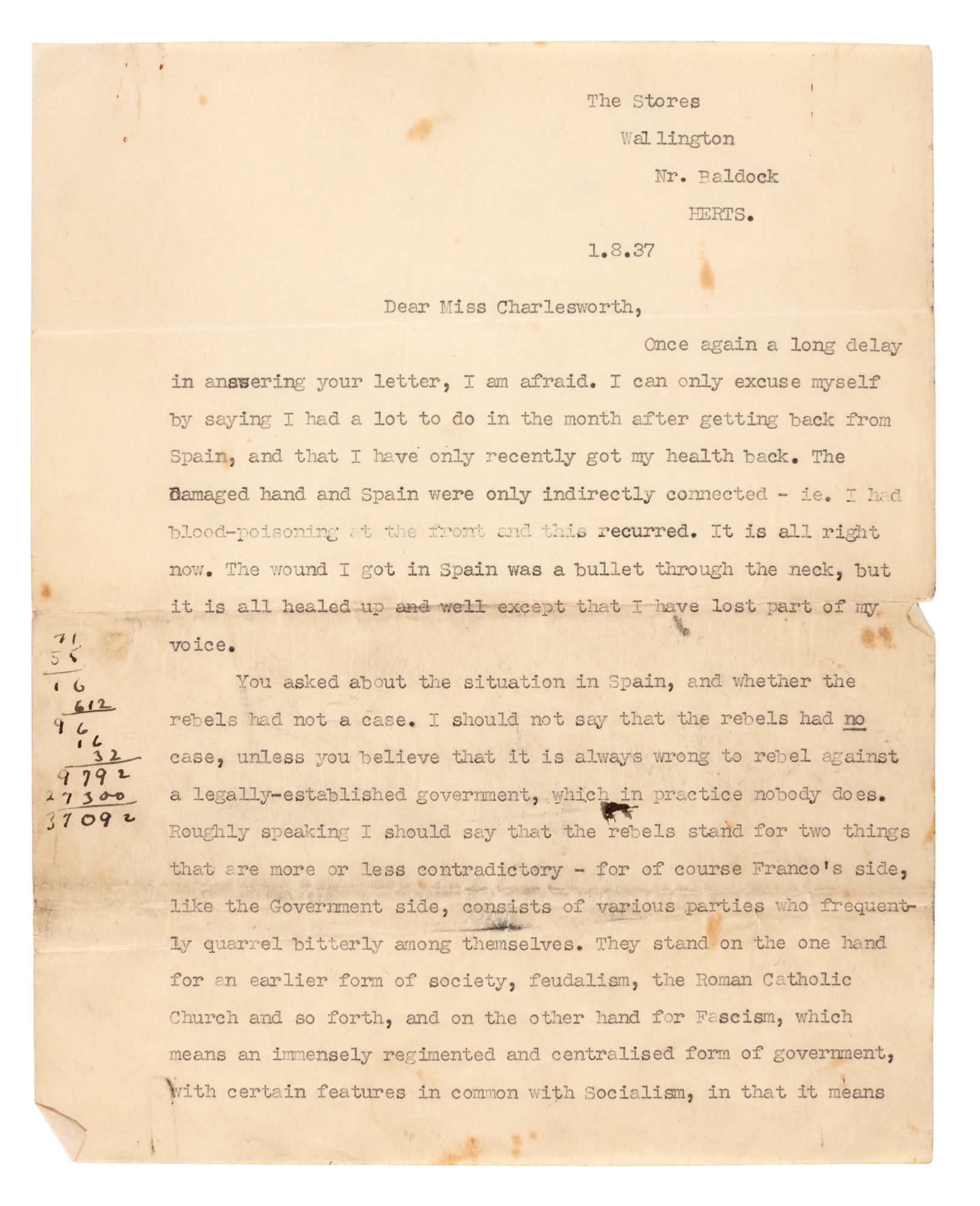 George Orwell | Typed letter signed, to Amy Charlesworth, with his ...