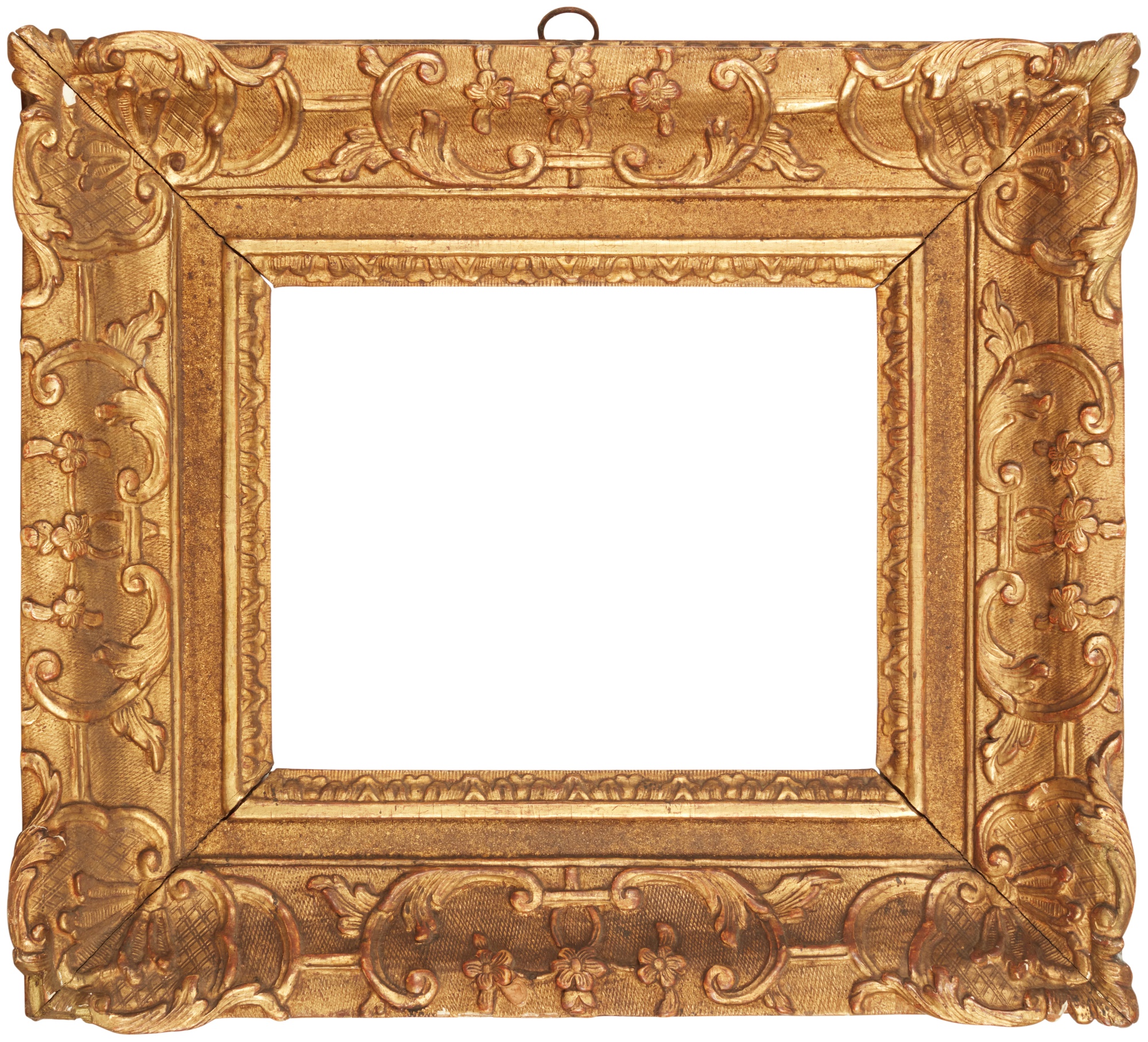 A Louis XIV carved giltwood frame, landscape format with antique hanger ...