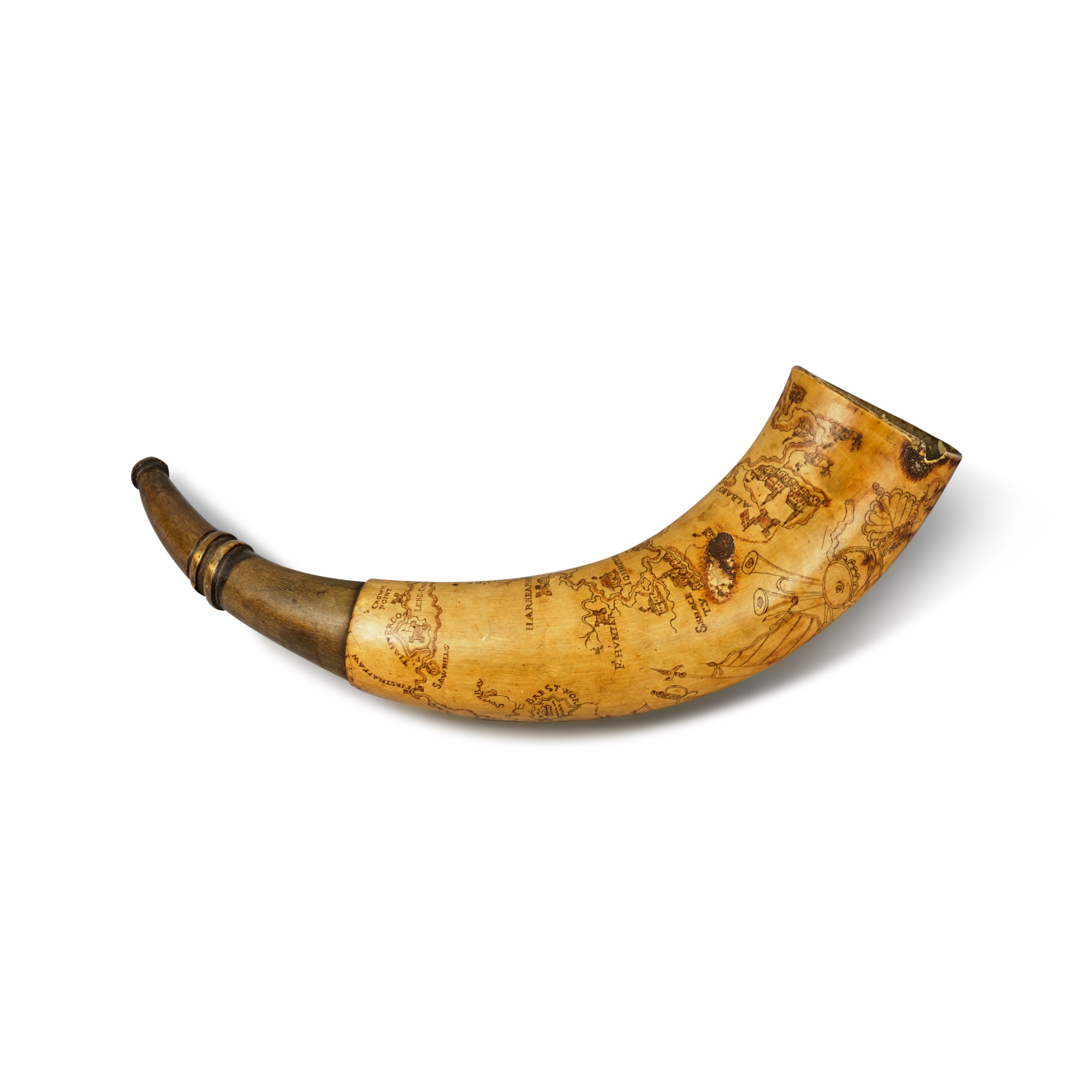 Very Fine and Rare French and Indian War Engraved Map Powder Horn, New ...