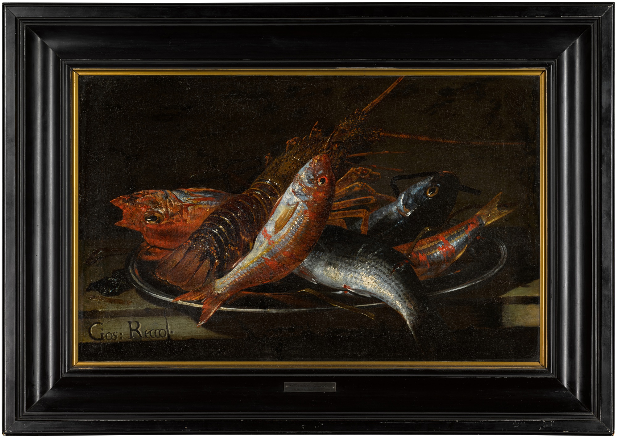 Still life of fish and a lobster on a platter, on a stone ledge | Old ...