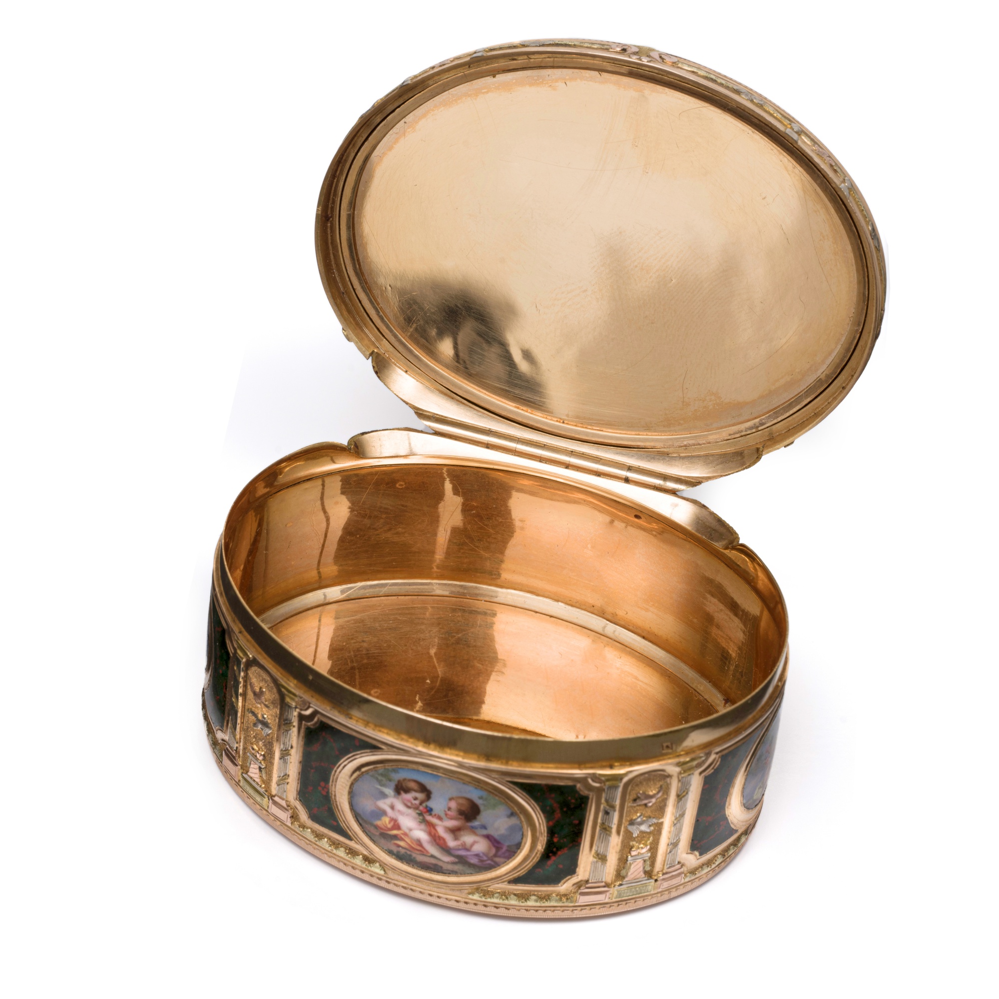 A jewelled three-colour gold and enamel snuff box, probably Geneva ...