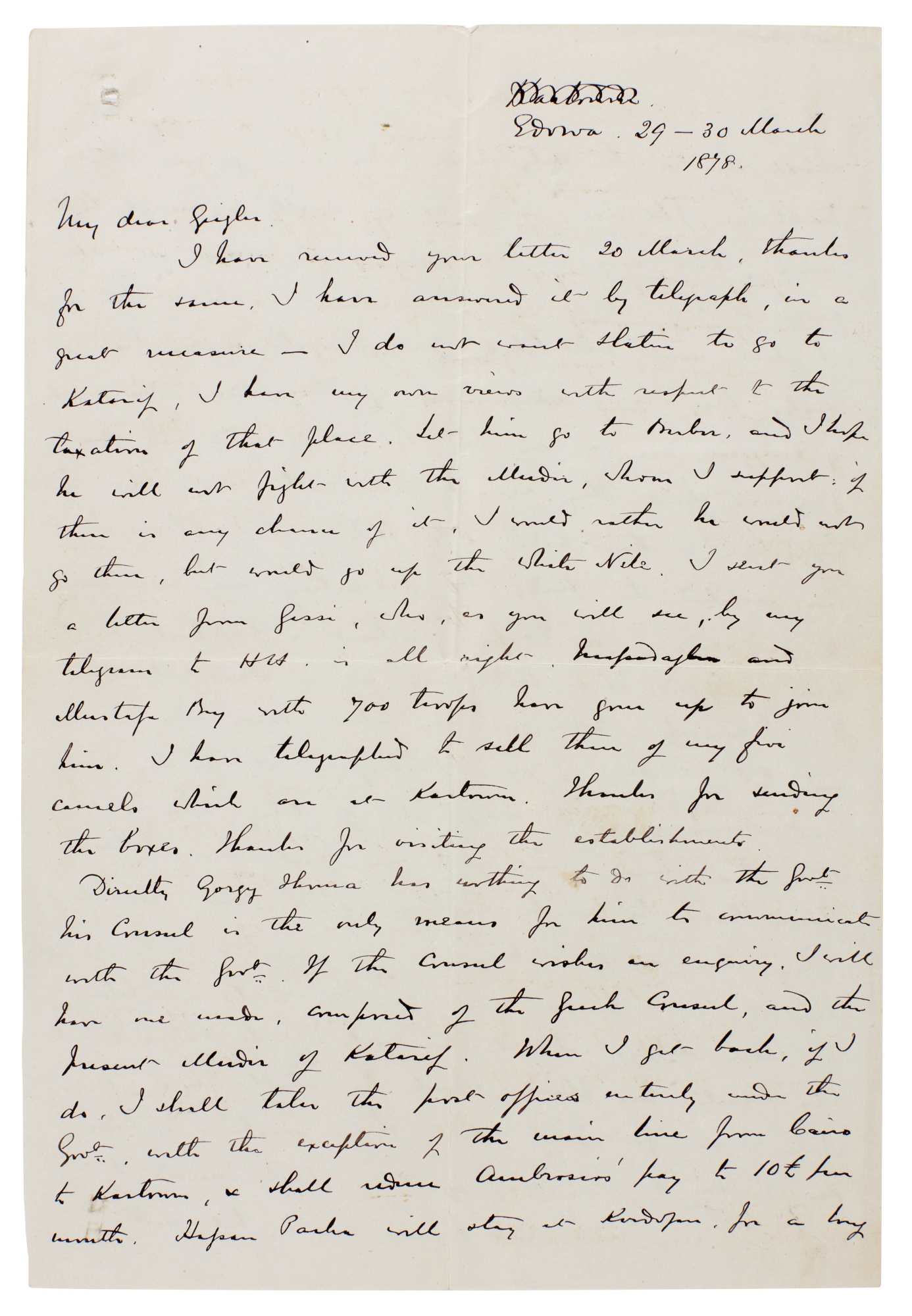 General C.G. Gordon | Autograph letter signed, to Carl Giegler, 1878 ...