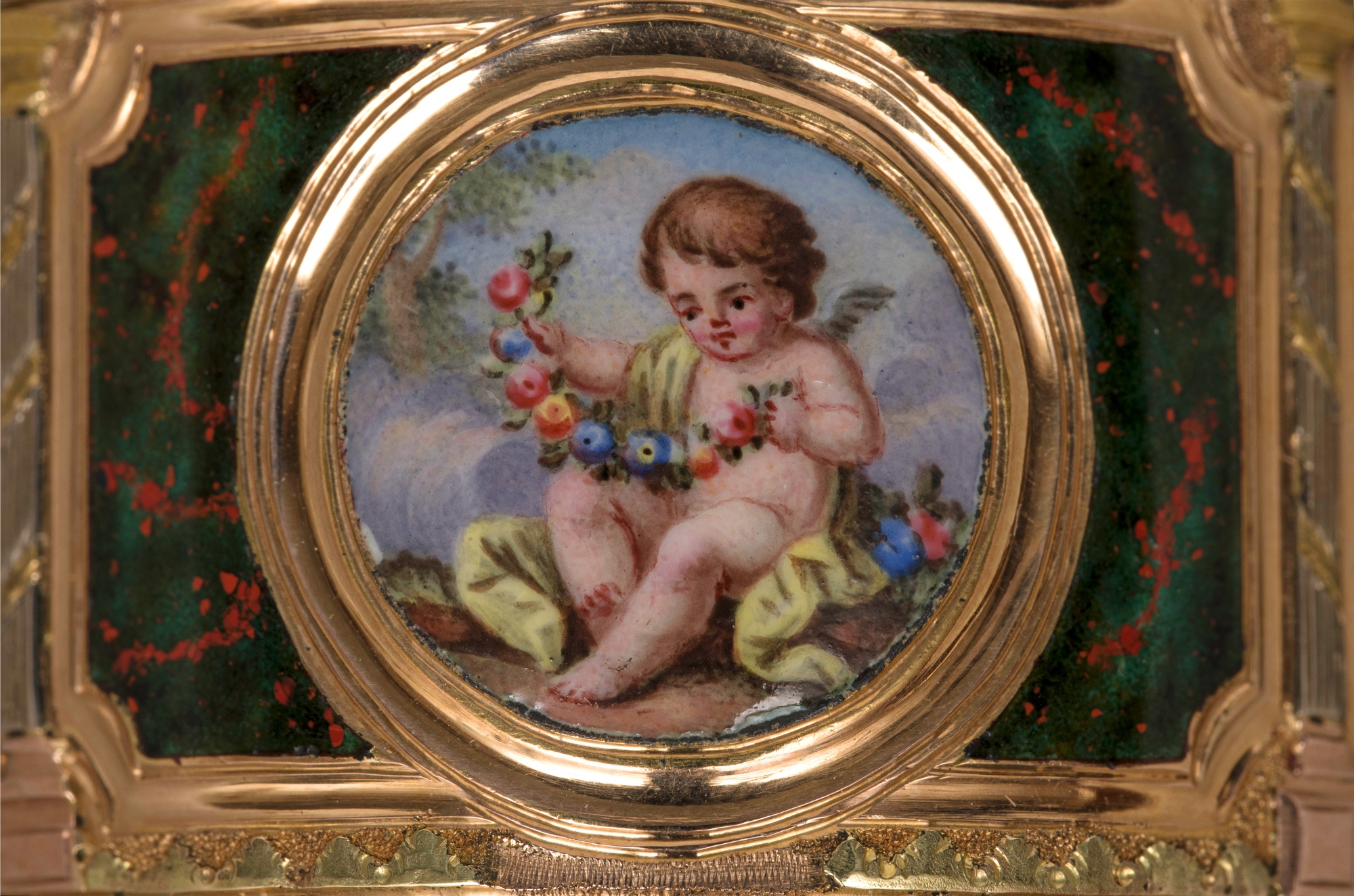 A jewelled three-colour gold and enamel snuff box, probably Geneva ...